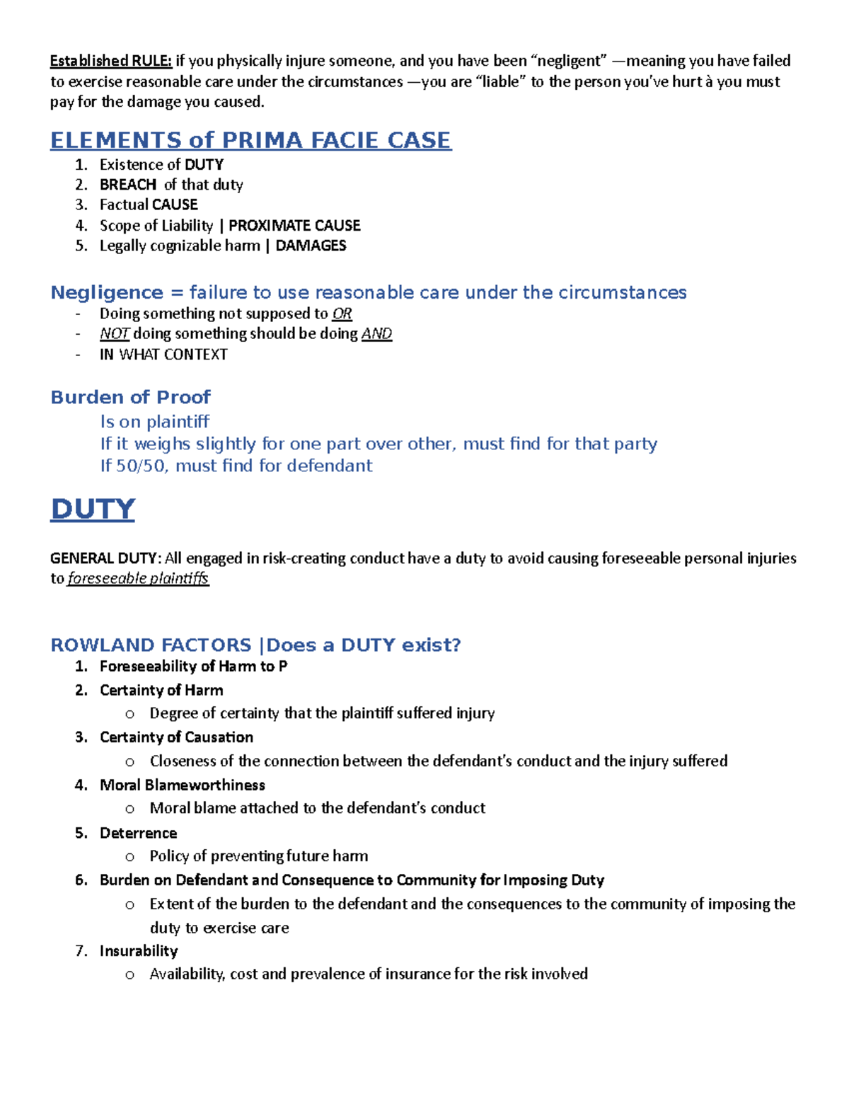 Elements of a Tort Outline - Established RULE: if you physically injure ...