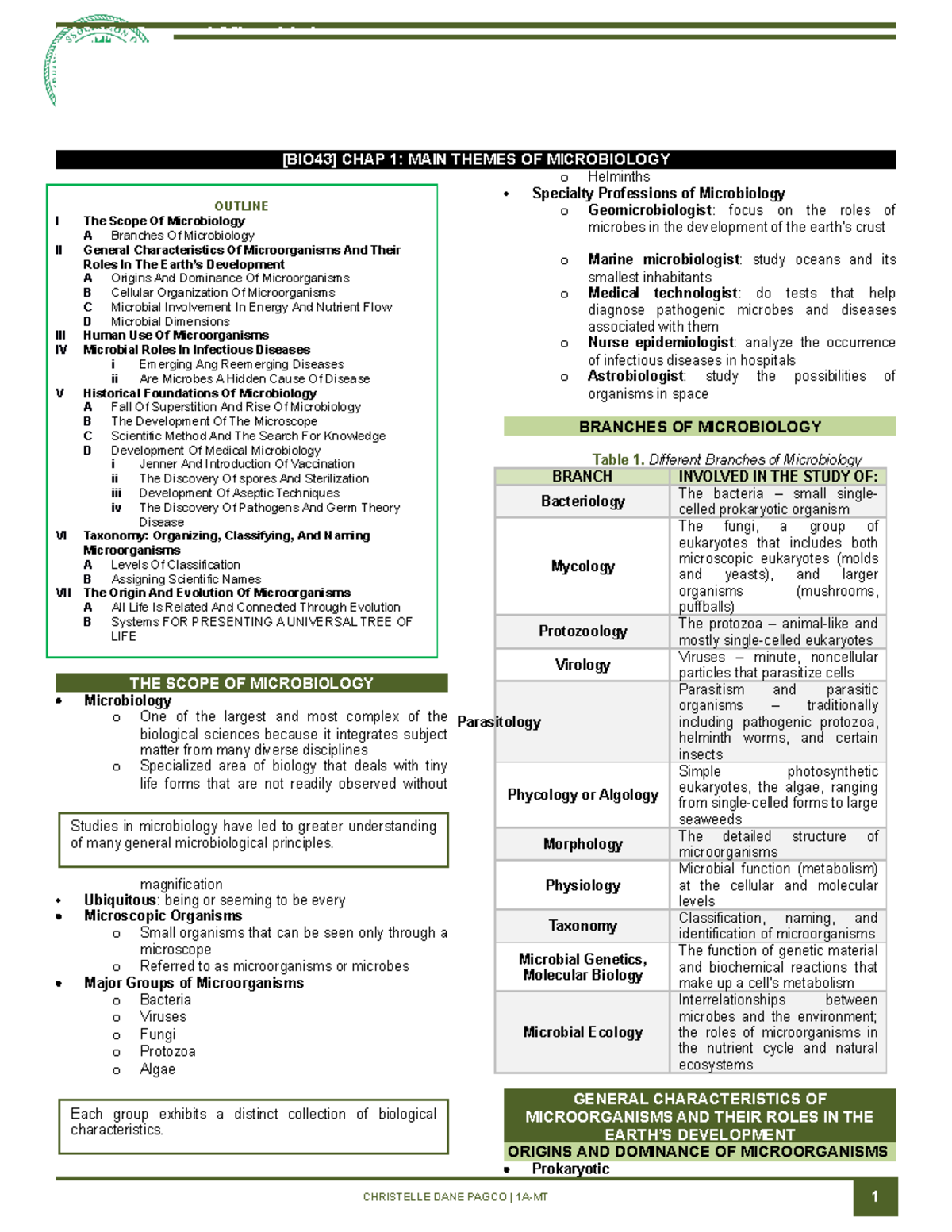 [C1MT] MAIN Themes OF Microbio - Trans - [BIO43] CHAP 1: MAIN THEMES OF ...