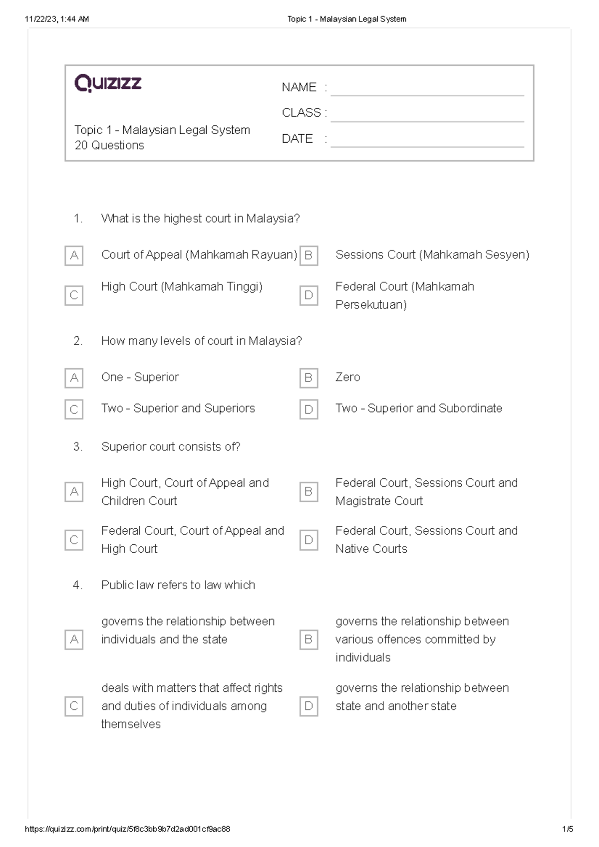 Topic 1 - Malaysian Legal System quiz - Topic 1 - Malaysian Legal ...