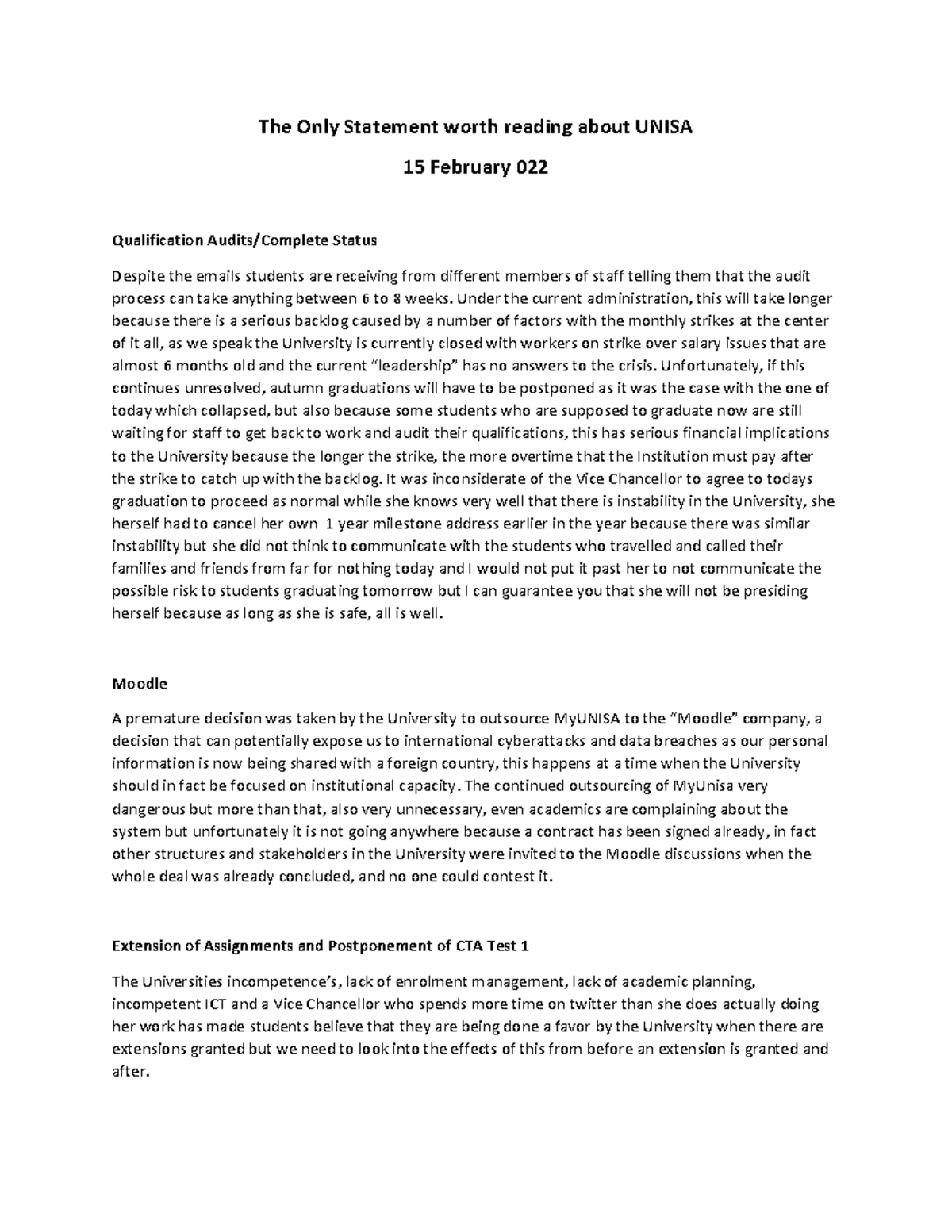 The Only Statement about Unisa worth reading - The Only Statement worth ...