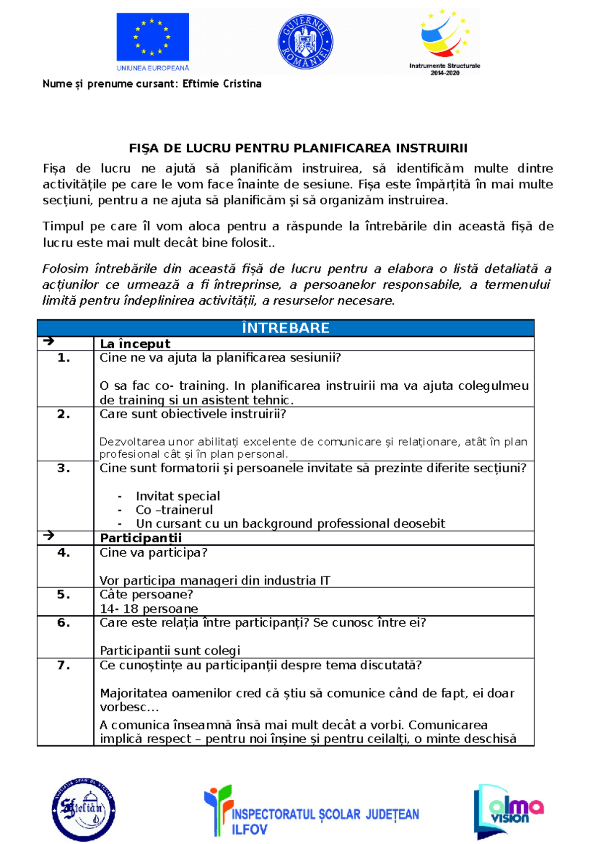 Fișa de lucru planificare instruire - Nume și prenume cursant: Eftimie ...