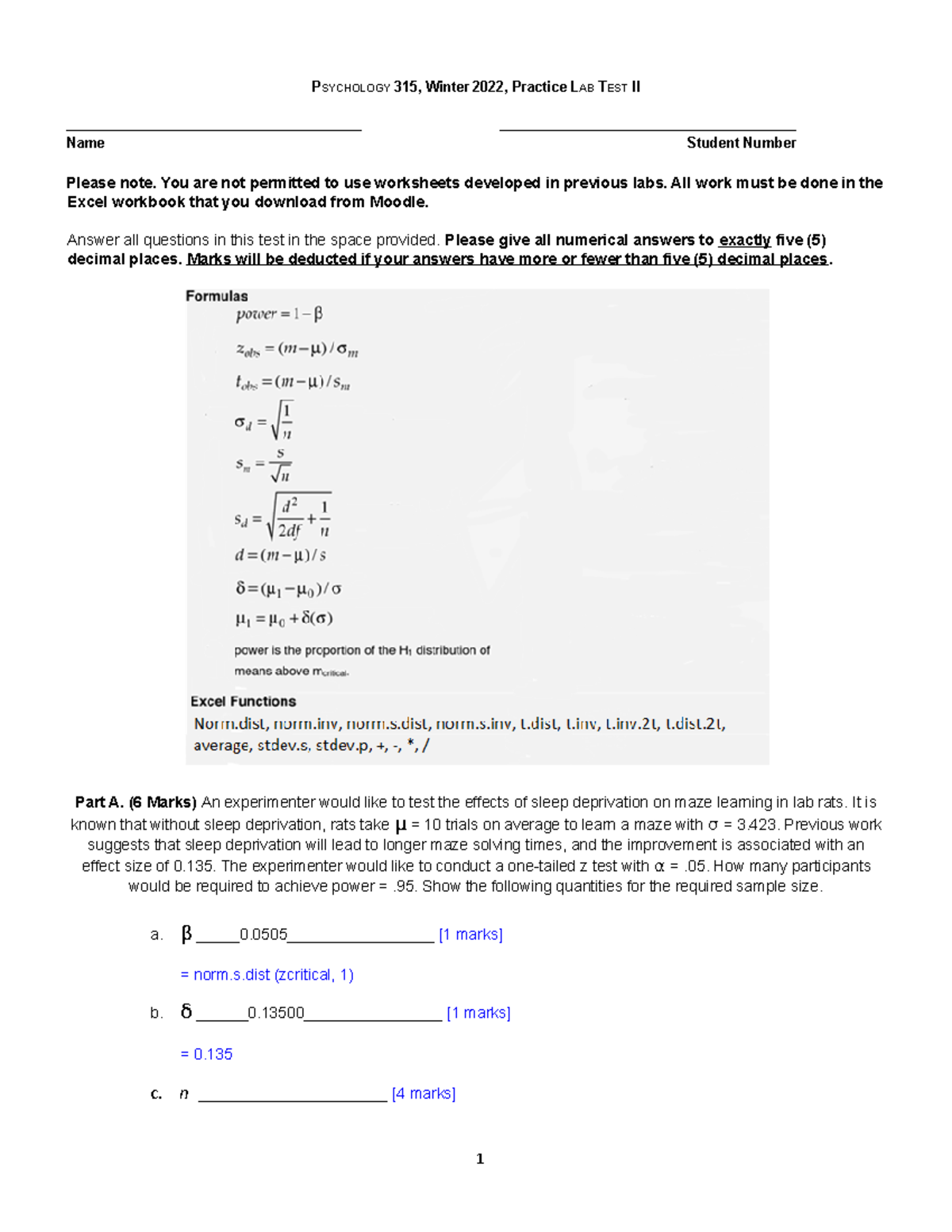 Practice Lab Test 2 Asnwers - PSYCHOLOGY 315, Winter 2022, Practice LAB ...