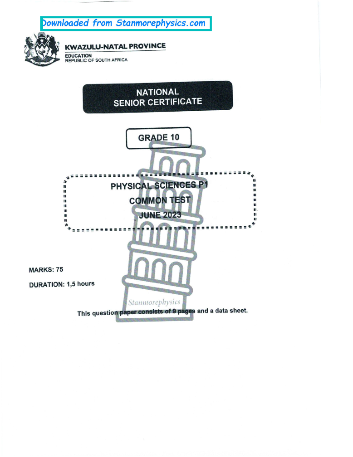 KZN Physical Science Grade 10 June 2023 P1 and Memo - 2603 - Studocu