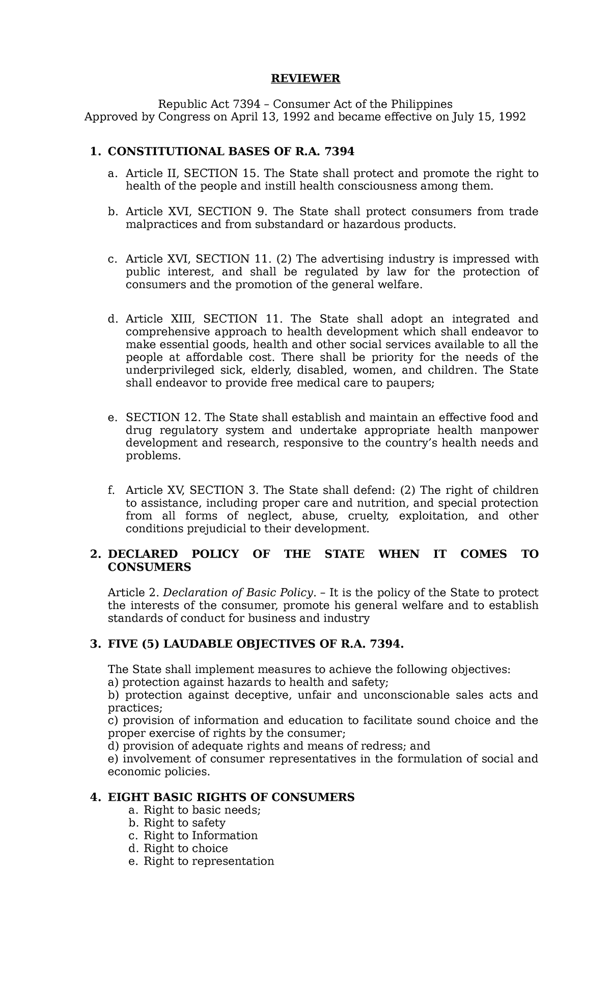 Reviewer - REVIEWER Republic Act 7394 – Consumer Act of the Philippines ...