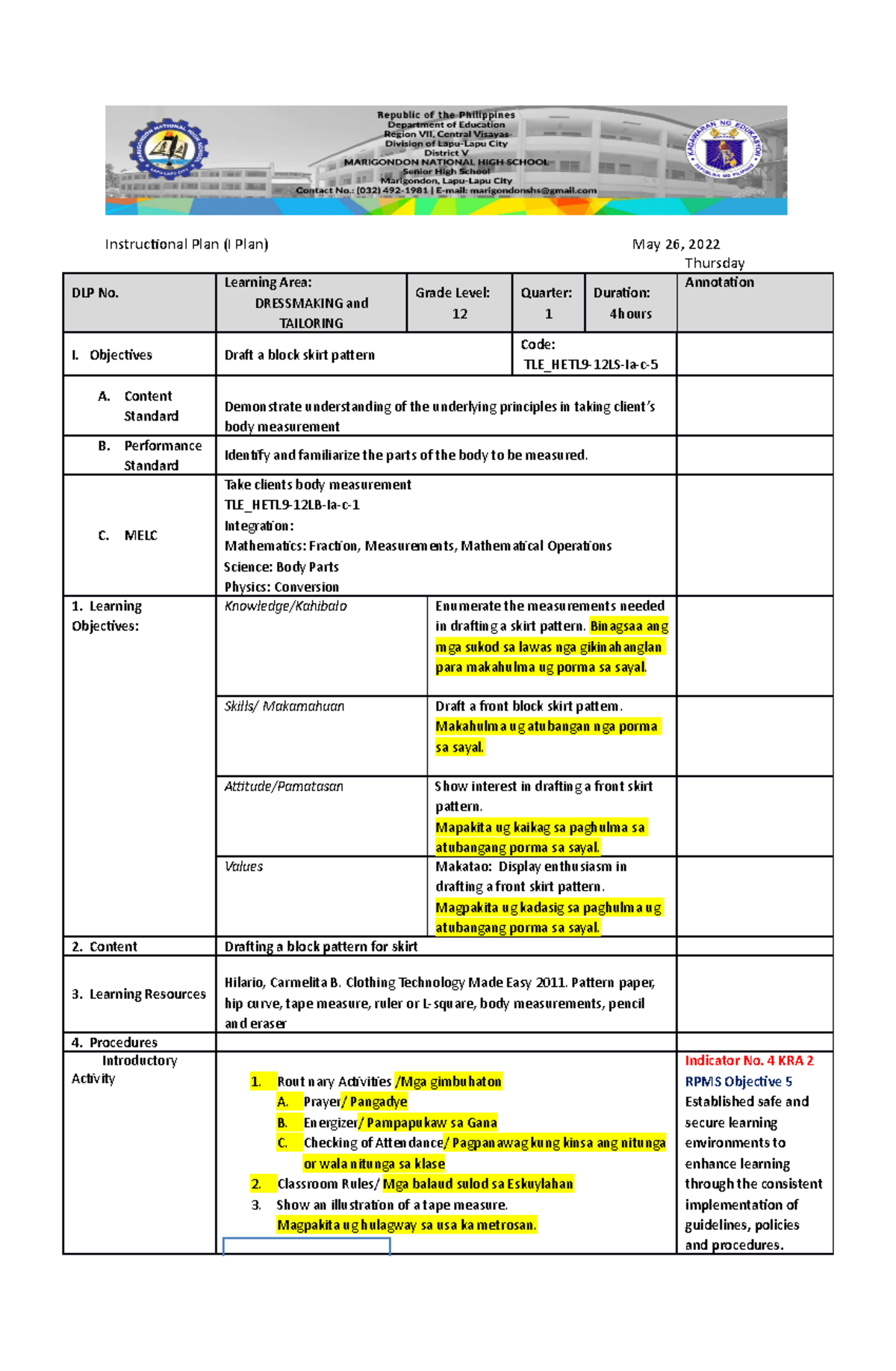 Iplan BAX - Instructional Plan (I Plan) May 26, 2022 Thursday DLP No ...