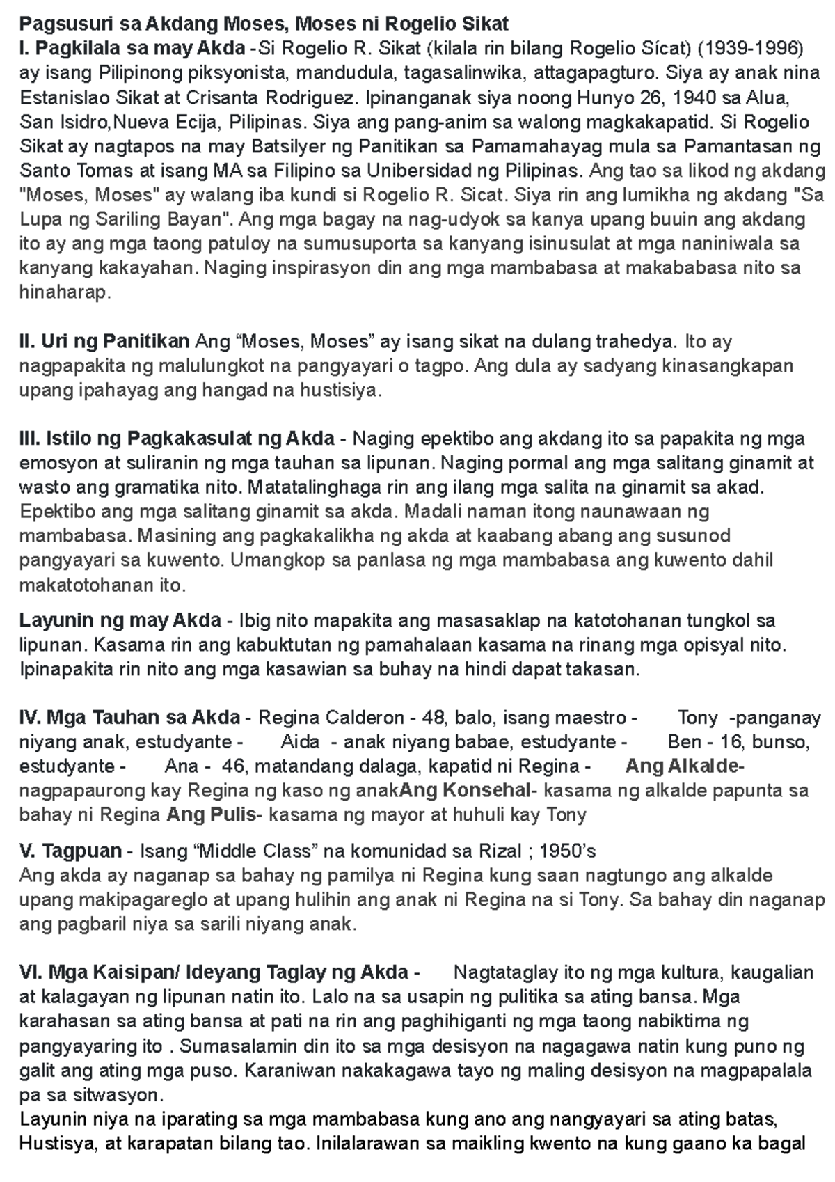 Pagsusuri sa Akdang Moses - Pagkilala sa may Akda -Si Rogelio R. Sikat ...