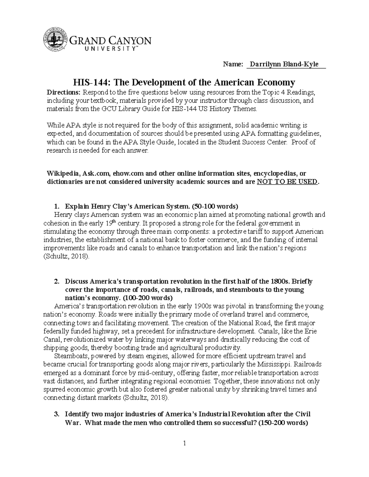 HIS-144-RS-Development of the American Economy Worksheet - Name ...