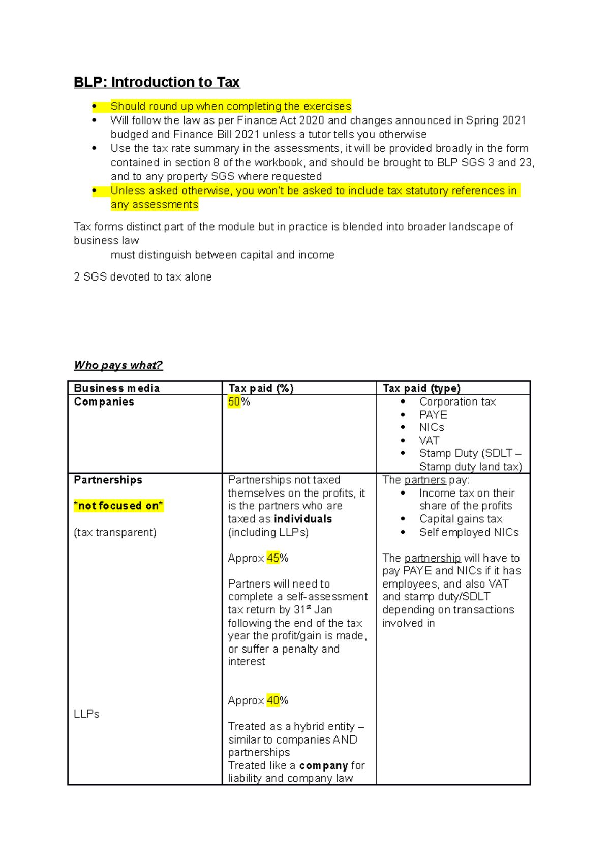 Introduction to Tax - Preparation notes for group session on tax in BLP ...