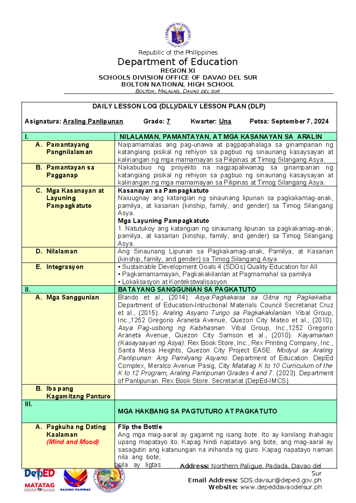 DLP AP 7 Sept. 6, 2024 Q1 W4 - Address: Northern Paligue, Padada, Davao ...