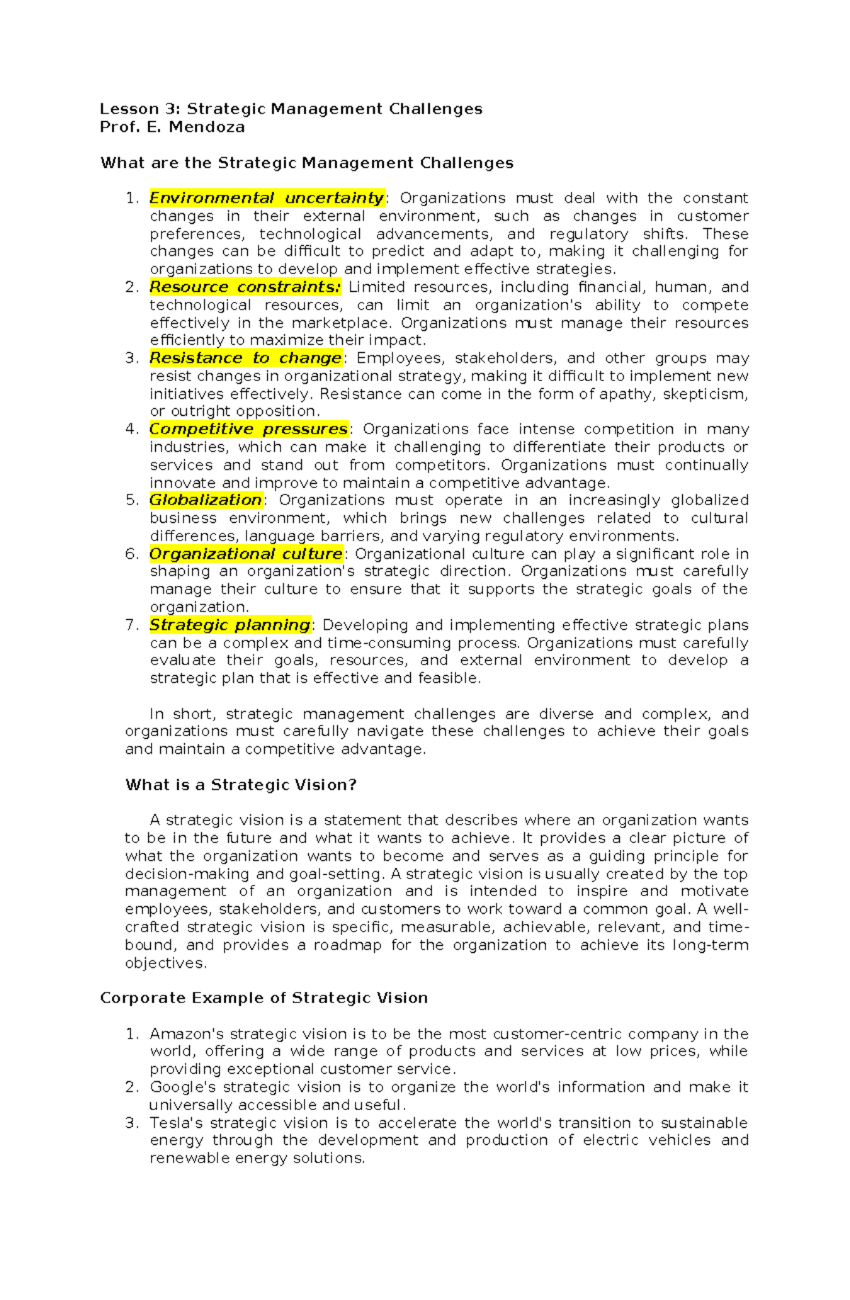 Lesson 3 Strategic Mngt - Strategic Mngt Challenges - Lesson 3 ...