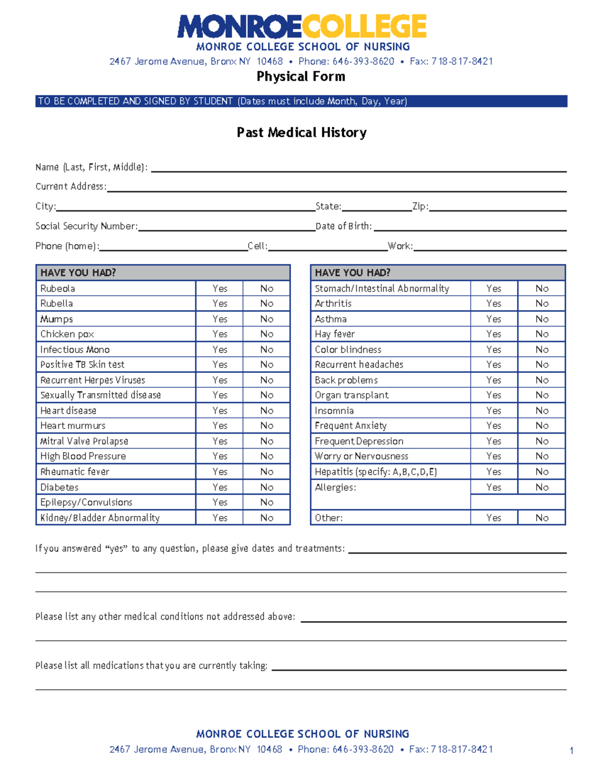 Monroe-Nursing Medical Form-2023 - Physical Form MONROE COLLEGE SCHOOL ...
