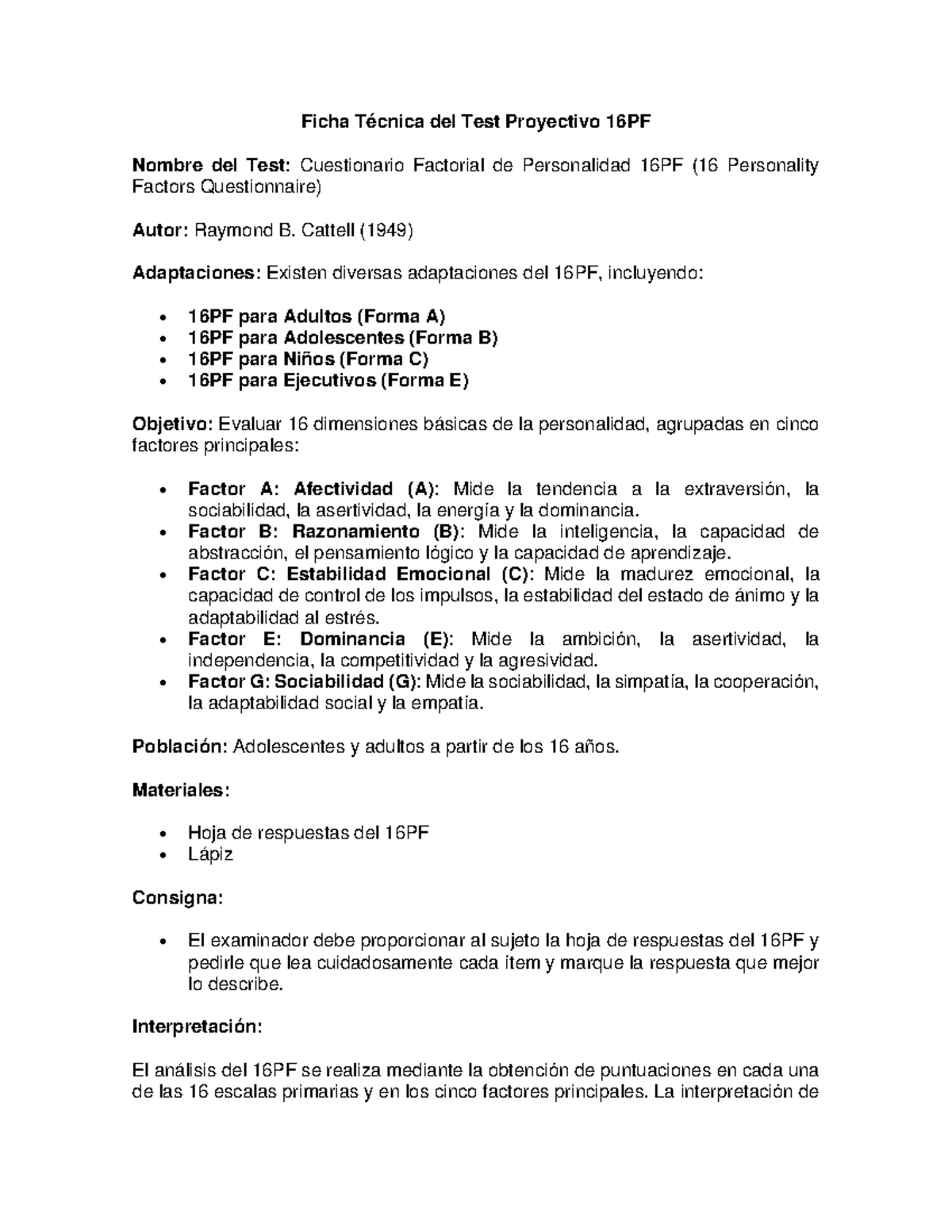 Ficha Técnica del Test 16PF - Ficha Técnica del Test Proyectivo 16PF ...