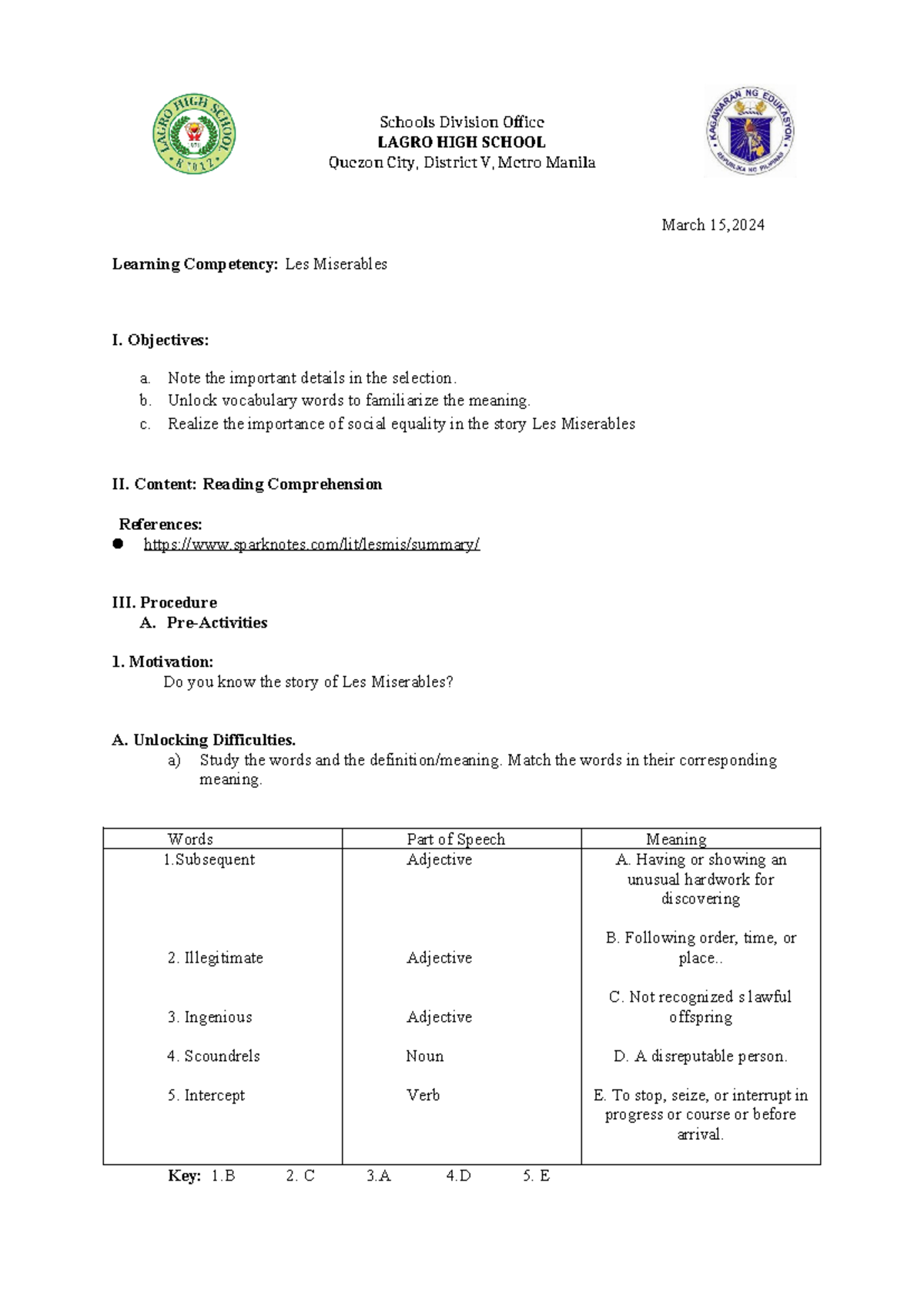 Les Miserables LP - Schools Division Office LAGRO HIGH SCHOOL Quezon ...