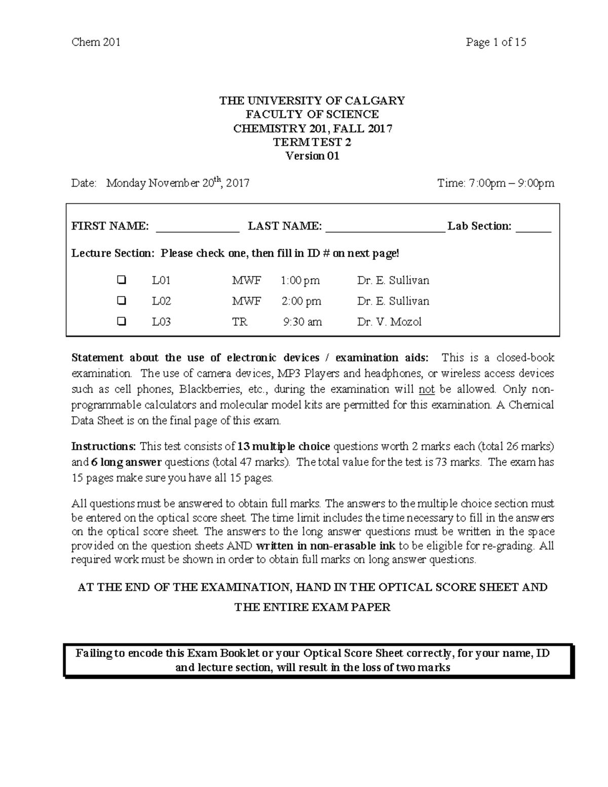 Fall 2017 Midterm 2 Exam - Chemistry 201 - UCalgary - Studocu