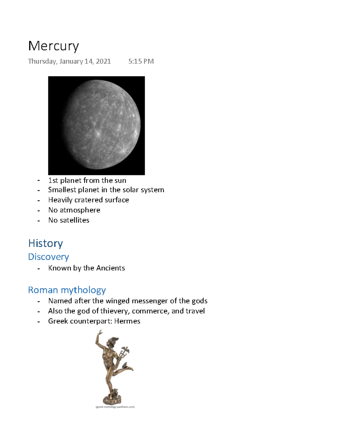 Mercury - Lecture notes 1 - 1st planet from the sun Smallest planet in ...