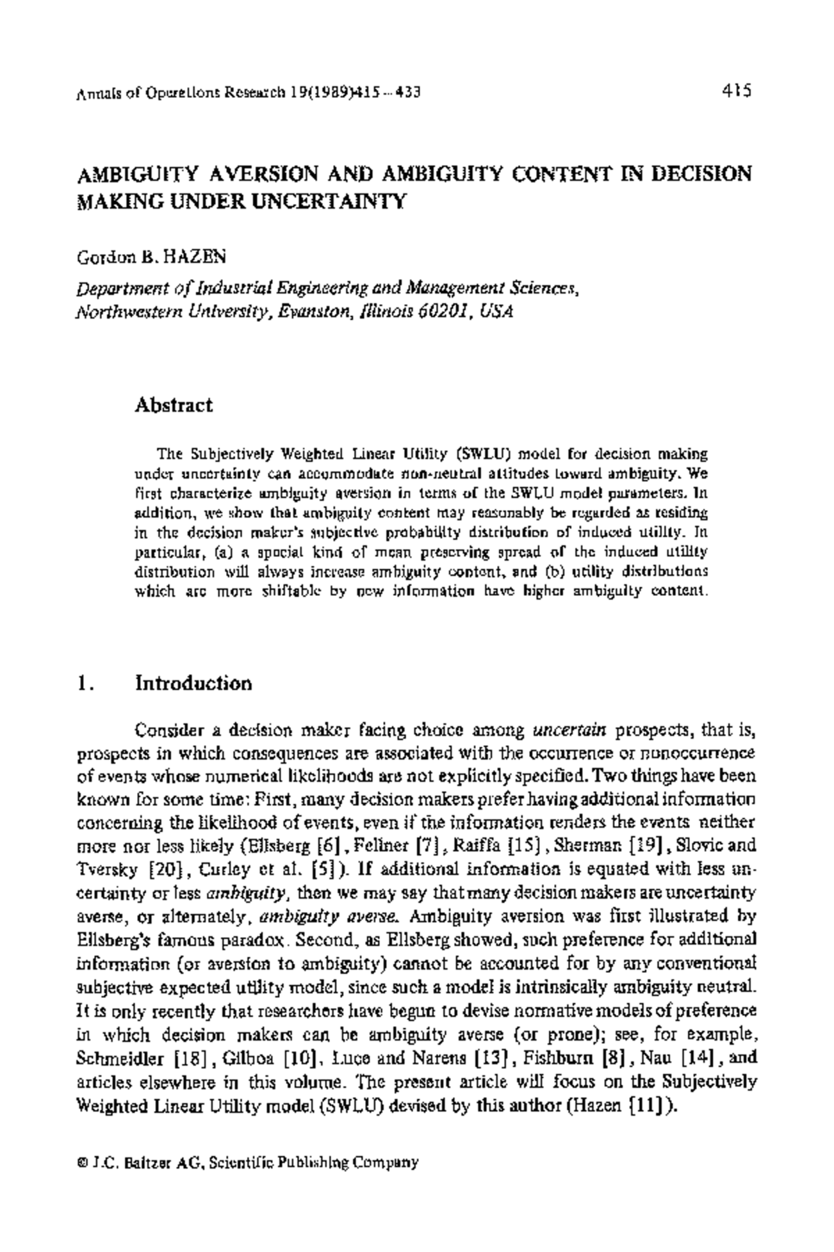Ambiguity aversion and ambiguity content - Annals of Operations Research 19(1989)415 - 433 415 A ...
