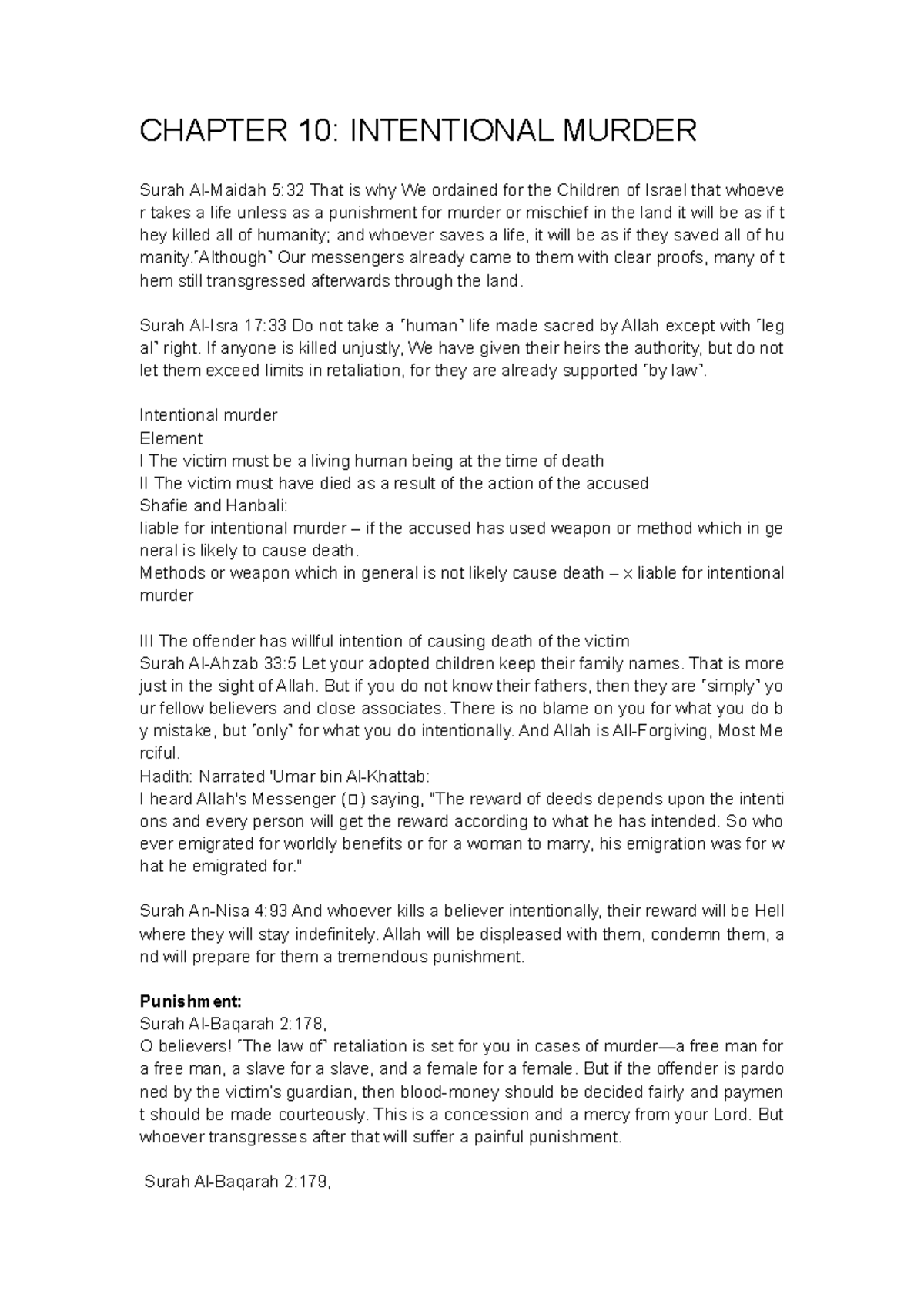 (Islamic Law 2) CHAPTER 10: INTENTIONAL MURDER - CHAPTER 10 ...