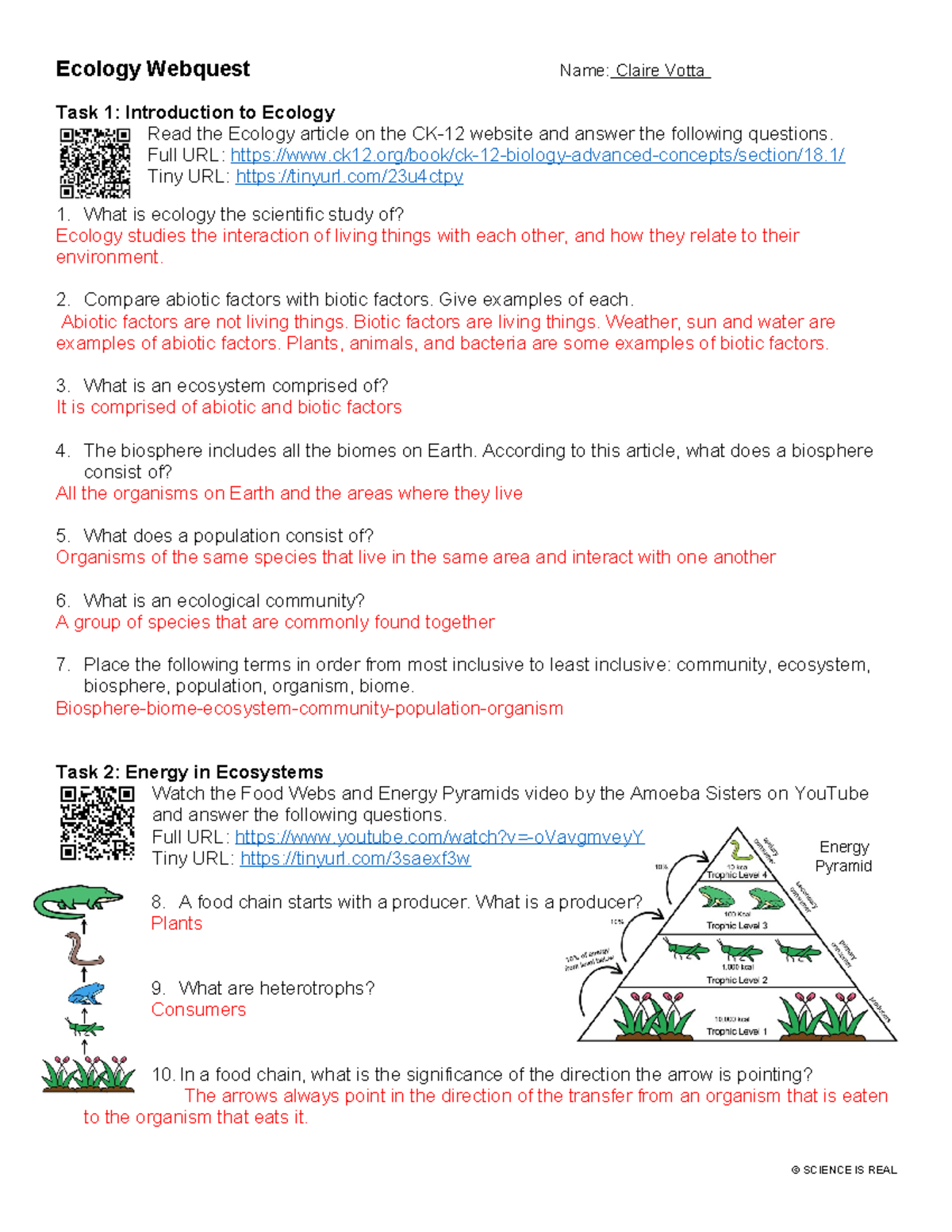 Copy of Ecology Webquest - Ecology Webquest Name: Claire Votta Task 1 ...