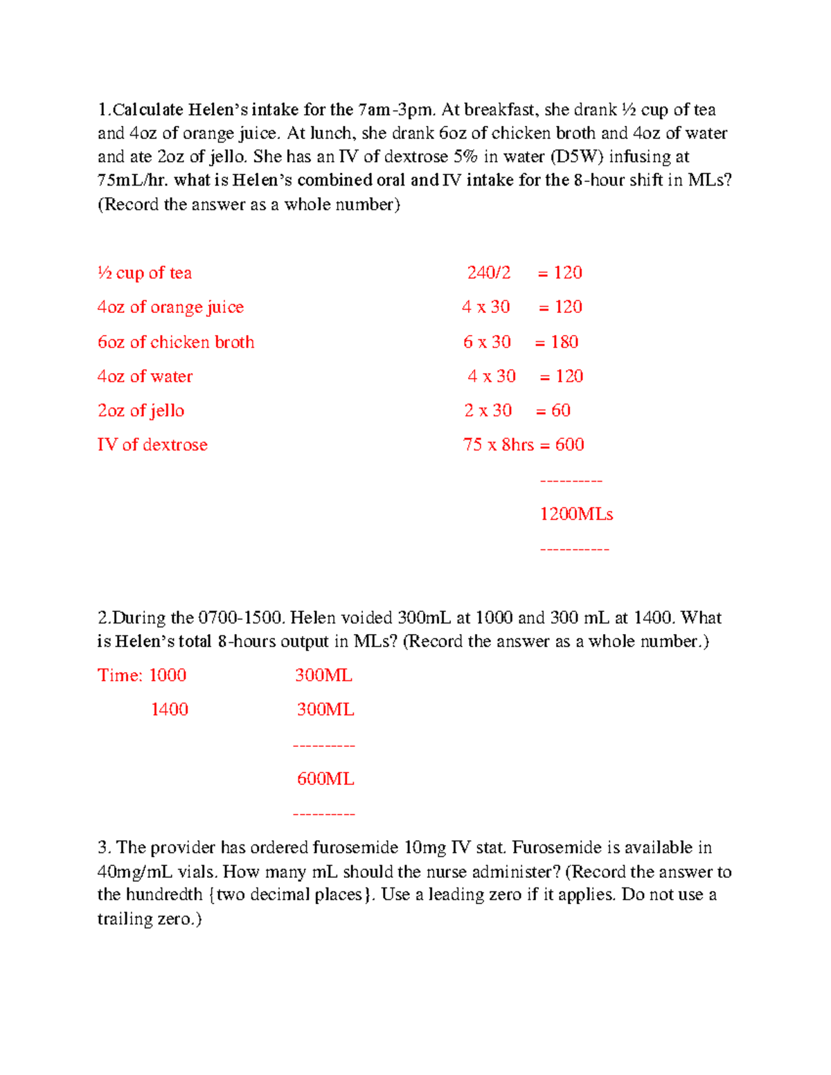 Dosage Calculation Final Pharm LAB - 1 Helen’s intake for the 7am-3pm ...