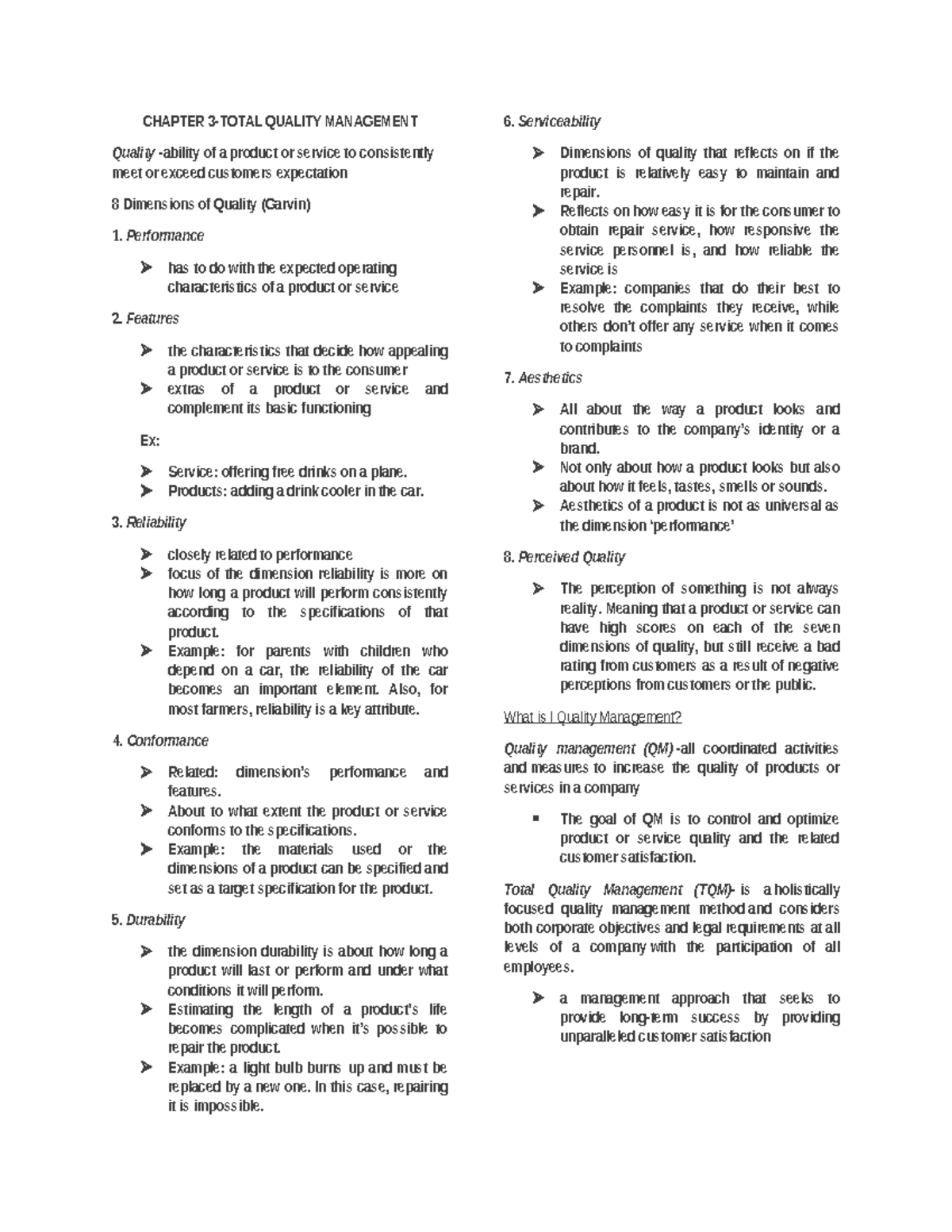 Chapter 3- TQM - Notes - CHAPTER 3-TOTAL QUALITY MANAGEMENT Quality ...
