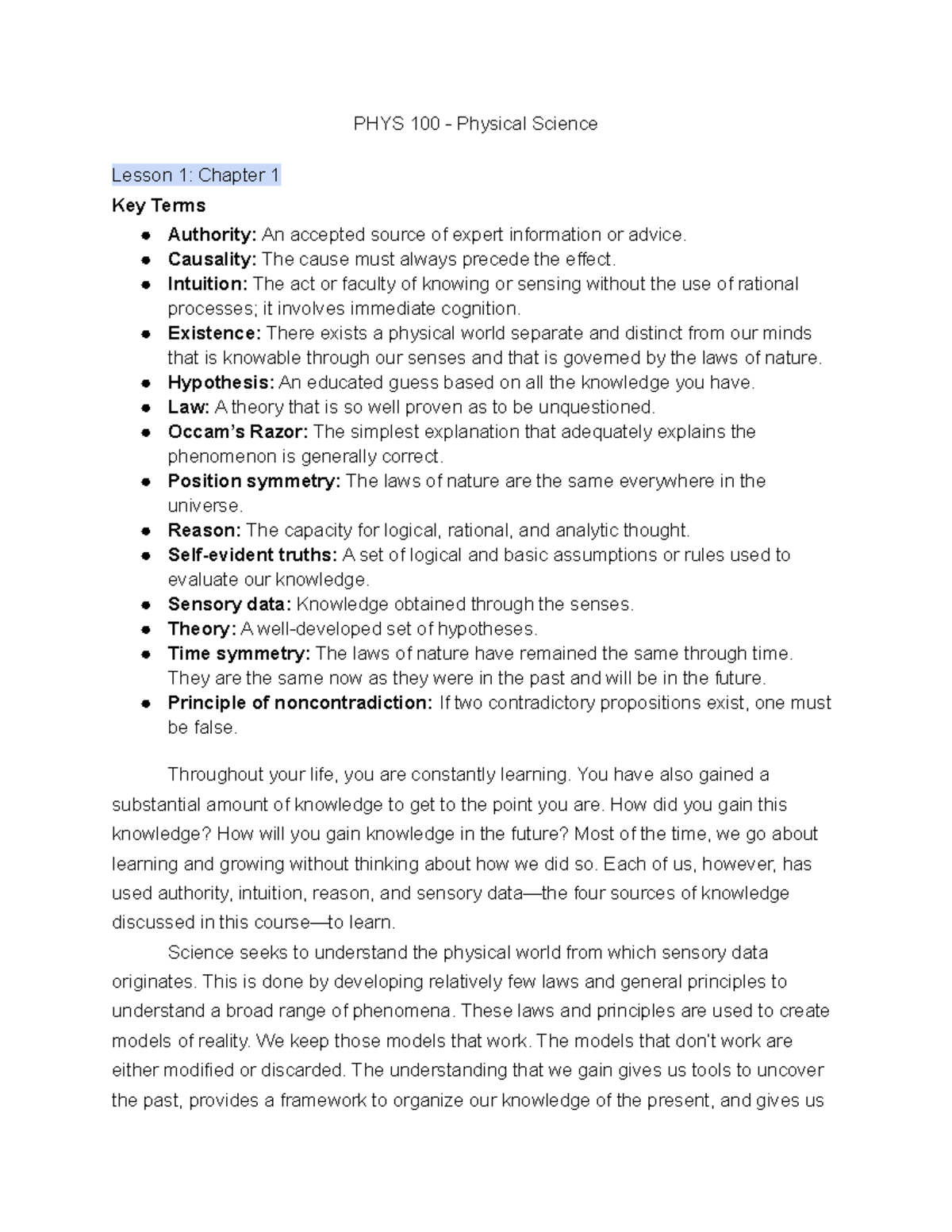PHY S 100 - Chapter 1 Notes - PHYS 100 - Physical Science Lesson 1 ...