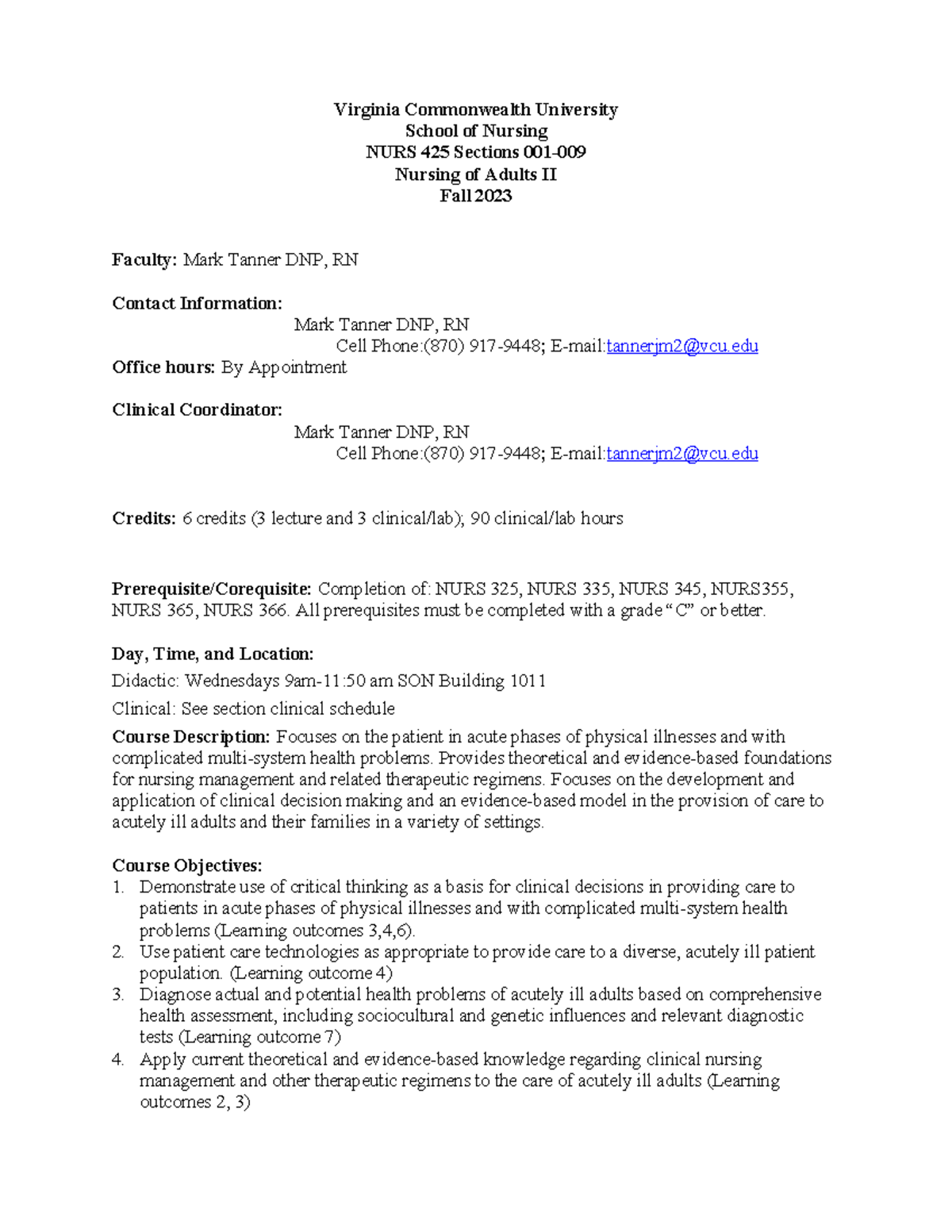 Fall 2023 NURS 425 Syllabus - Virginia Commonwealth University School ...