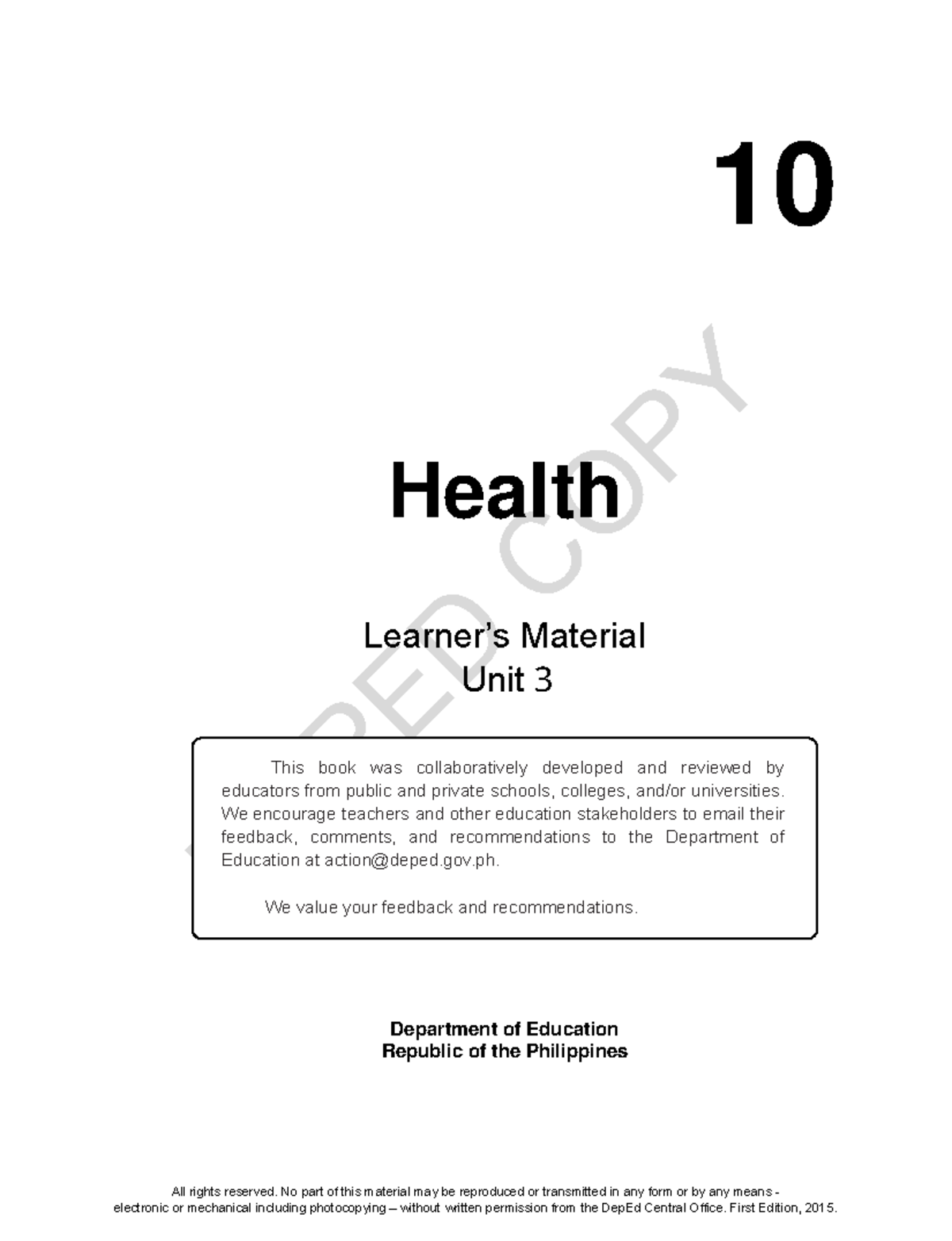 Grade 10 LM Health 10 – Quarter 3 - DEPED COPY 10 Health Department of ...