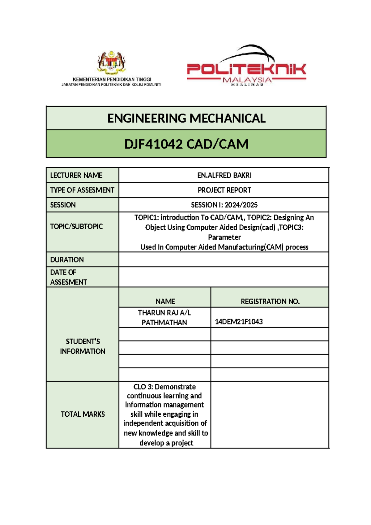 Report Project CAD (F1043) - ENGINEERING MECHANICAL DJF41042 CAD/CAM ...