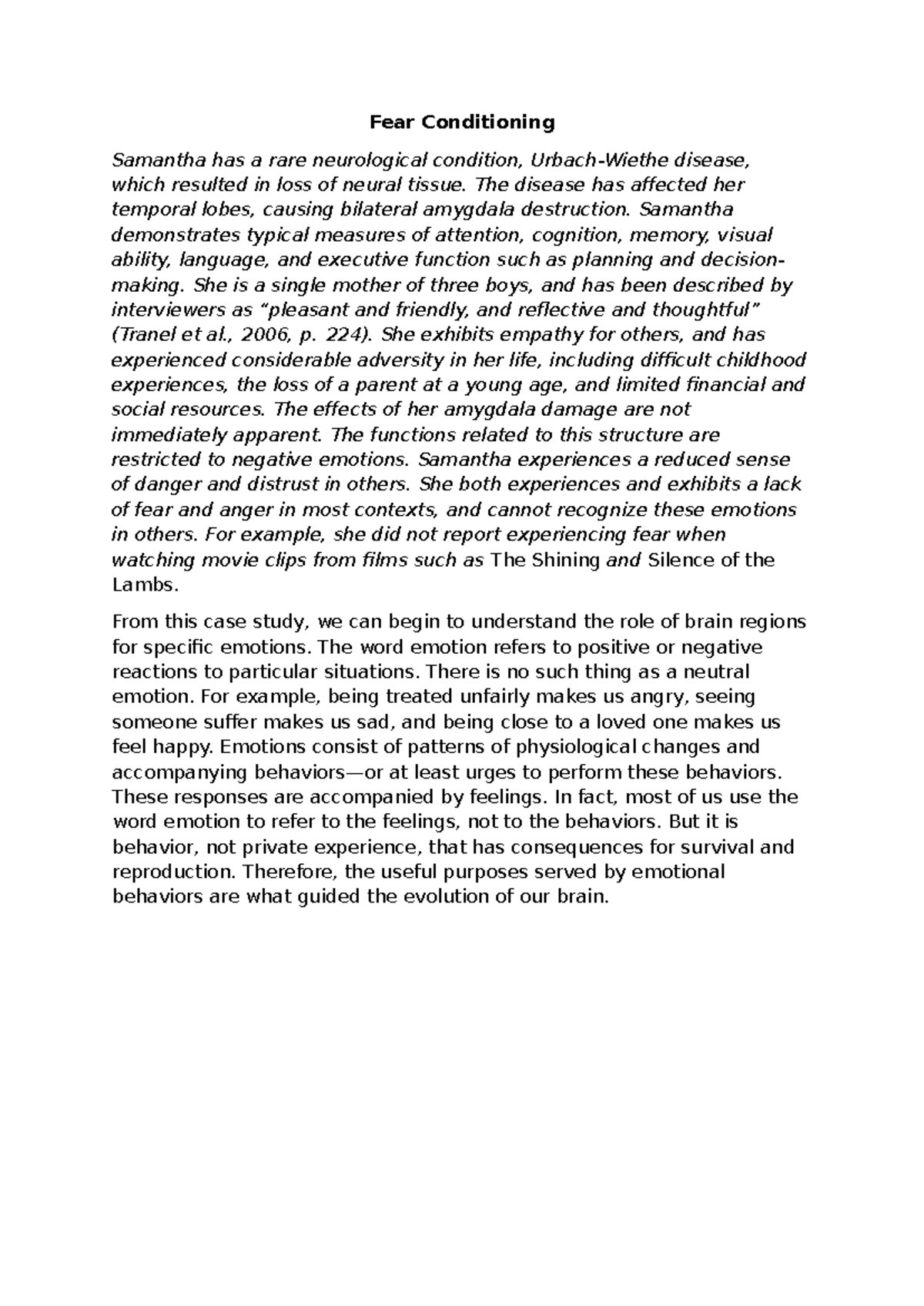 Fear Conditioning - Fear Conditioning Samantha has a rare neurological ...