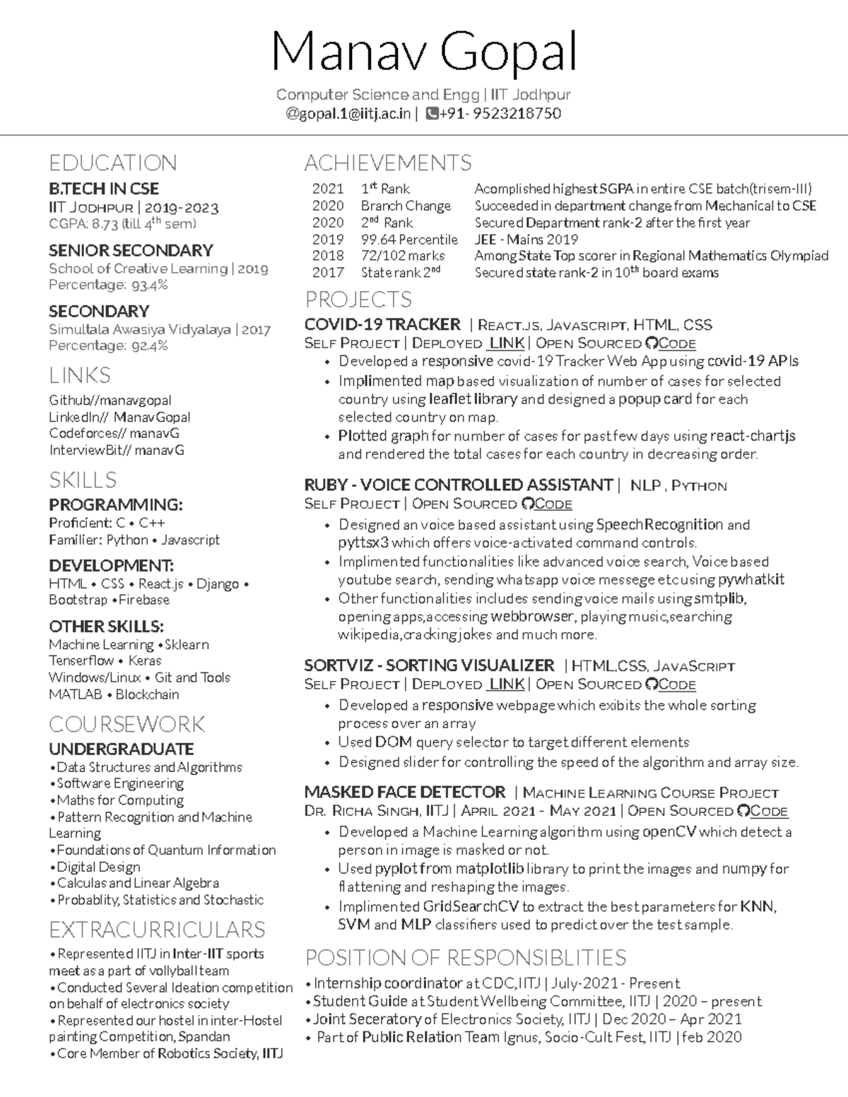 3rd yr 2022 student cv - ManavGopal Computer Science and Engg | IIT ...