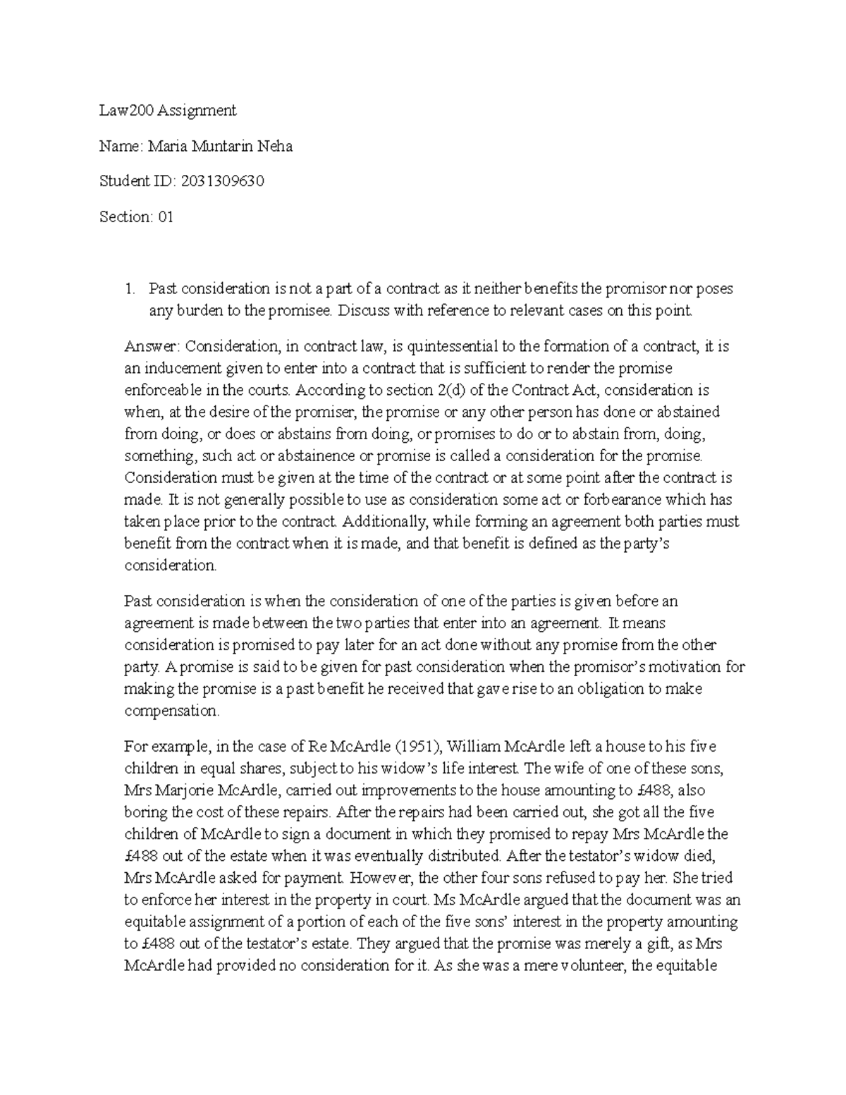 Maria Muntarin Neha (2031309630) - Law200 Assignment Name: Maria Muntarin Neha Student ID: - Studocu