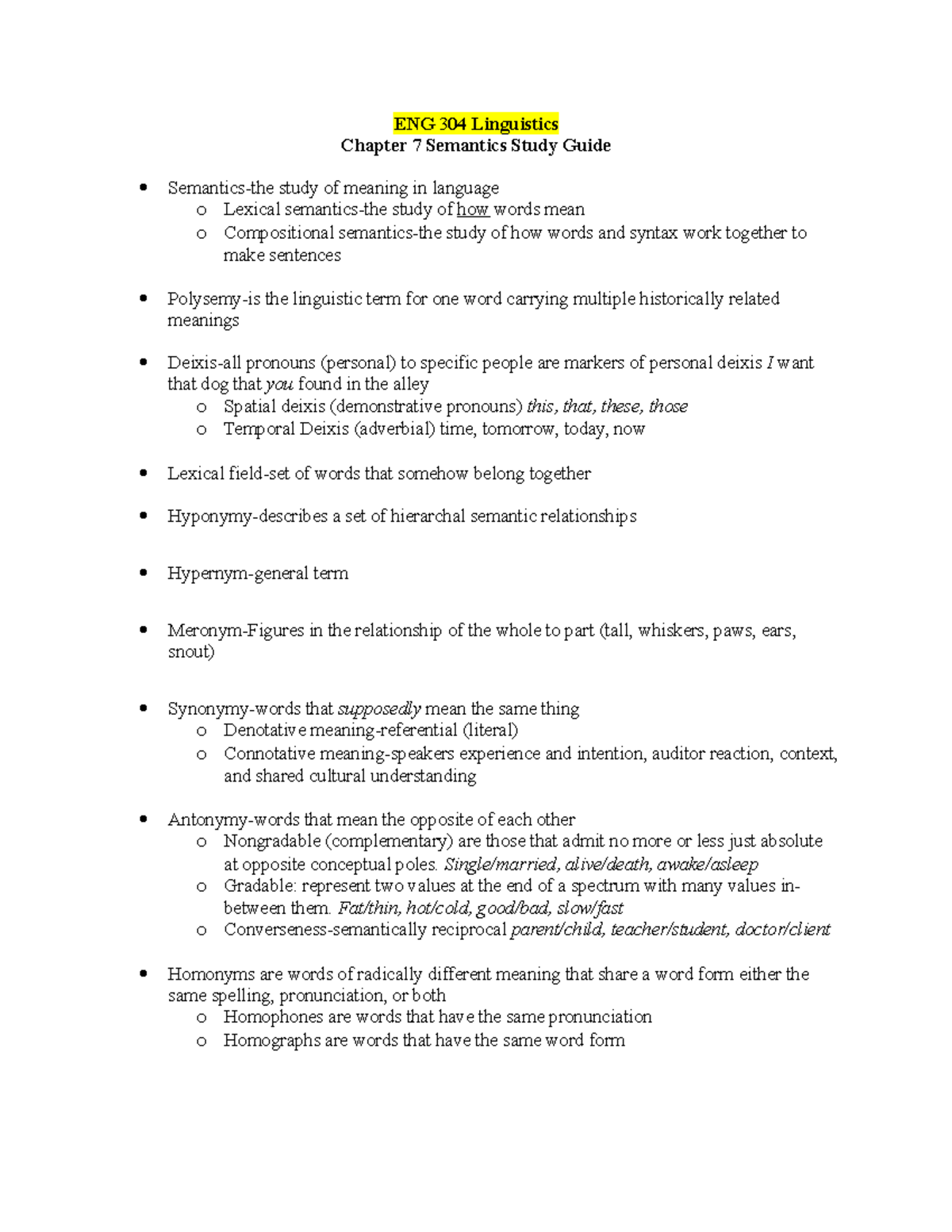 Chapter 7 Semantics - Lecture notes 7-10 - ENG 304 Linguistics Chapter ...