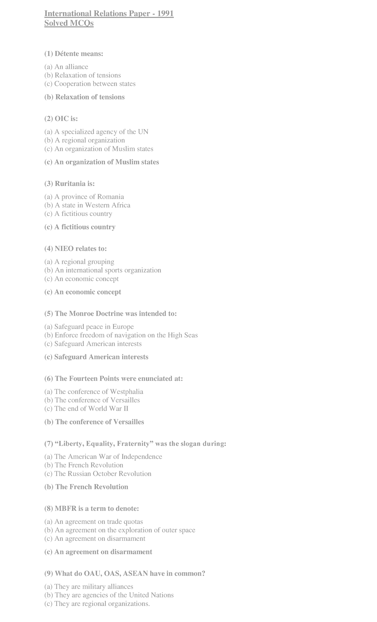 Ir MCQS 1990 2015 - Mcqs - International Relations Paper - 1991 Solved MCQs (1) Détente means ...