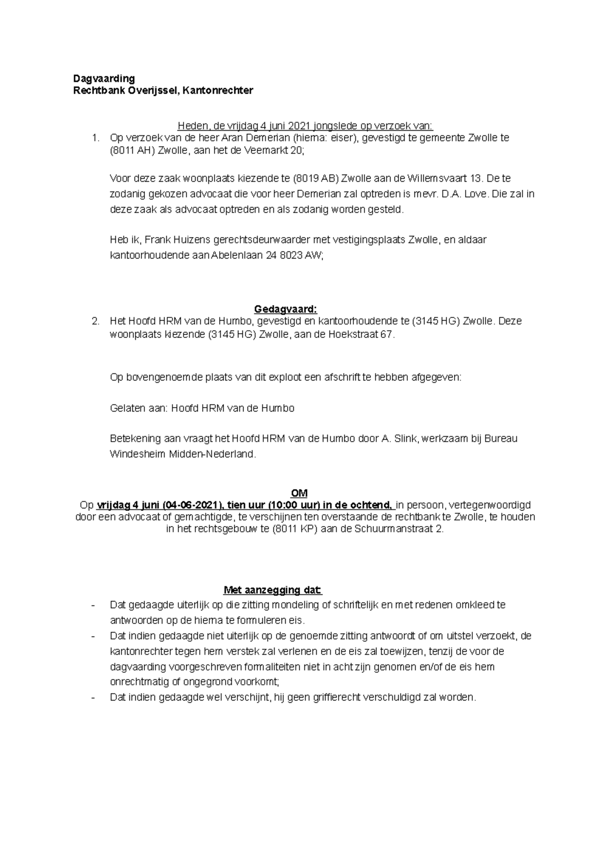 Dagvaarding 1 - Dagvaarding Rechtbank Overijssel, Kantonrechter Heden ...