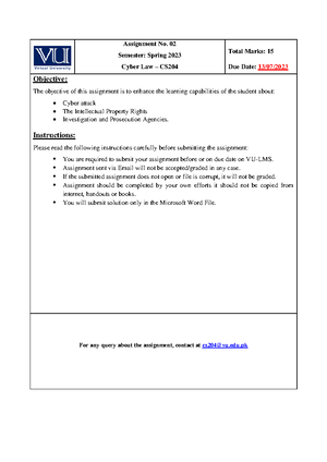 CS204 Solved Grand QUIZ - CS204 SOLVED GRAND QUIZ Cyber Law MCQs and Quizzes Answers What ...