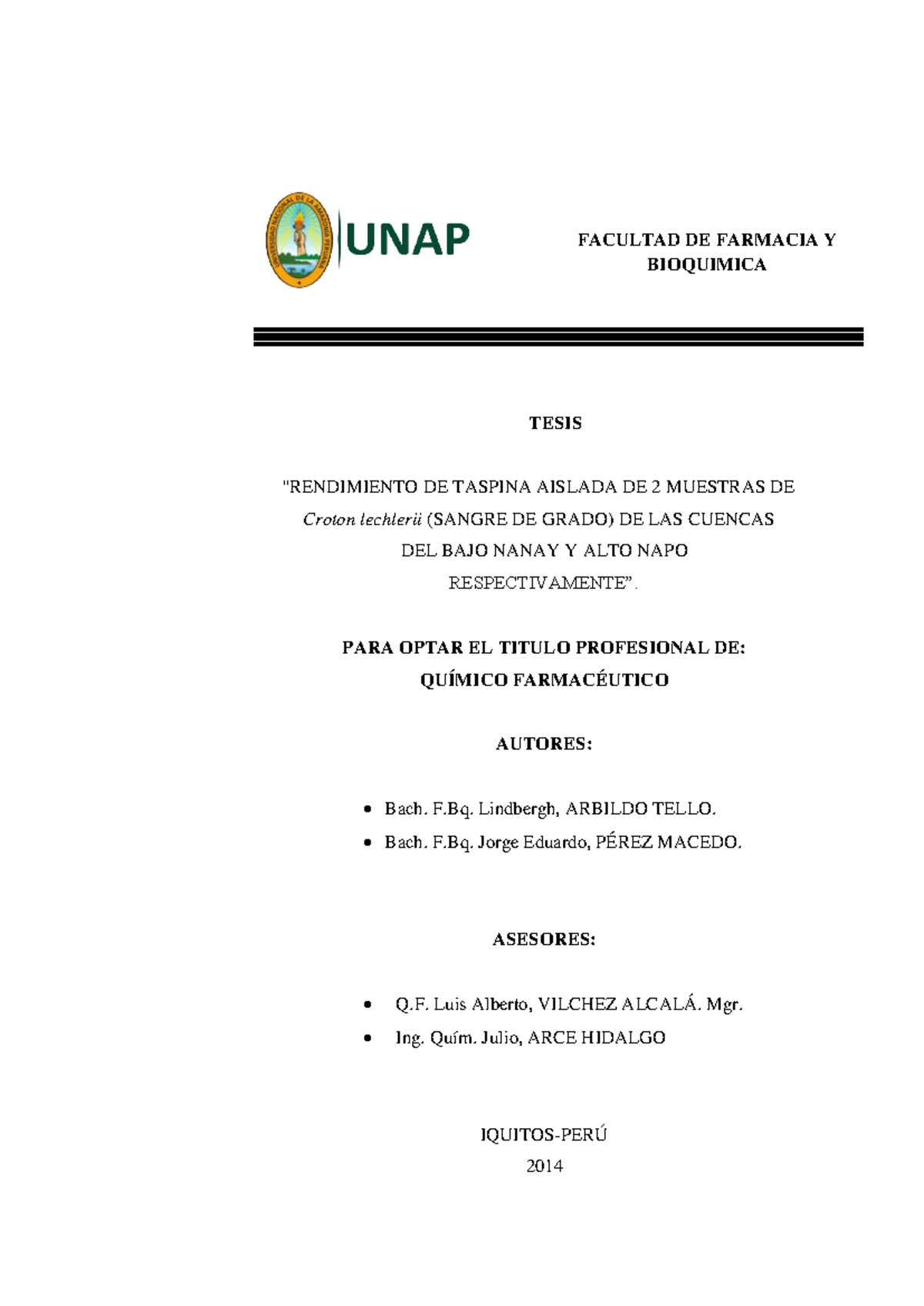 Lindbergh Tesis Titulo 2014 - TESIS ''RENDIMIENTO DE TASPINA AISLADA DE ...