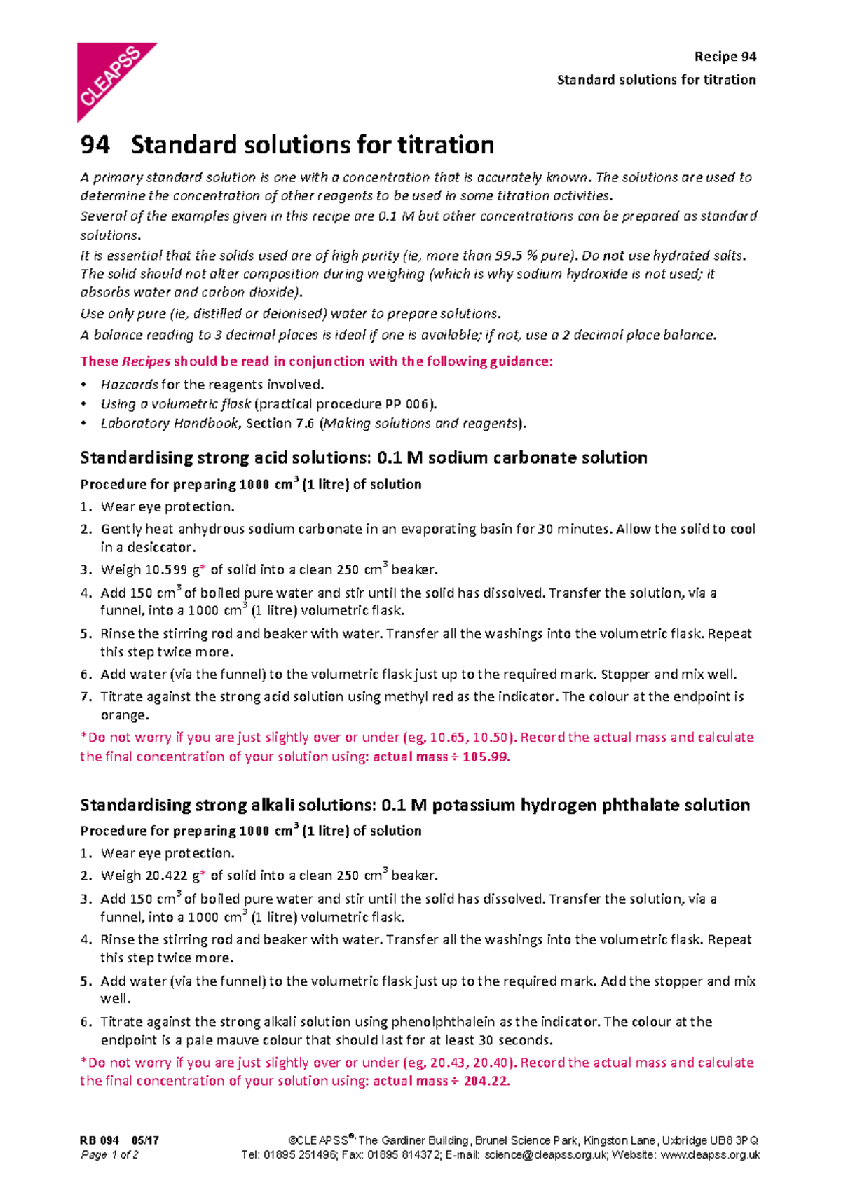 Standard solution preparation Unit 2 - Recipe 94 Standard solutions for ...