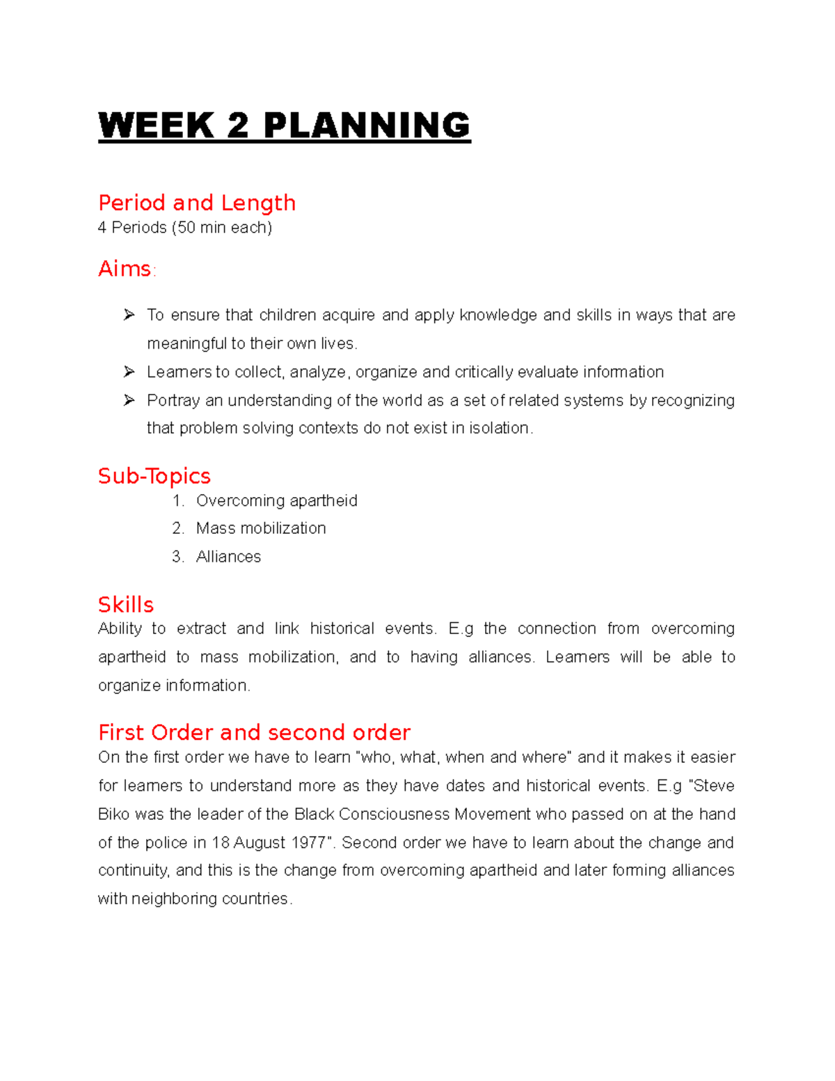 WEEK 2 Planning - WEEK PLAN - WEEK 2 PLANNING Period and Length 4 ...