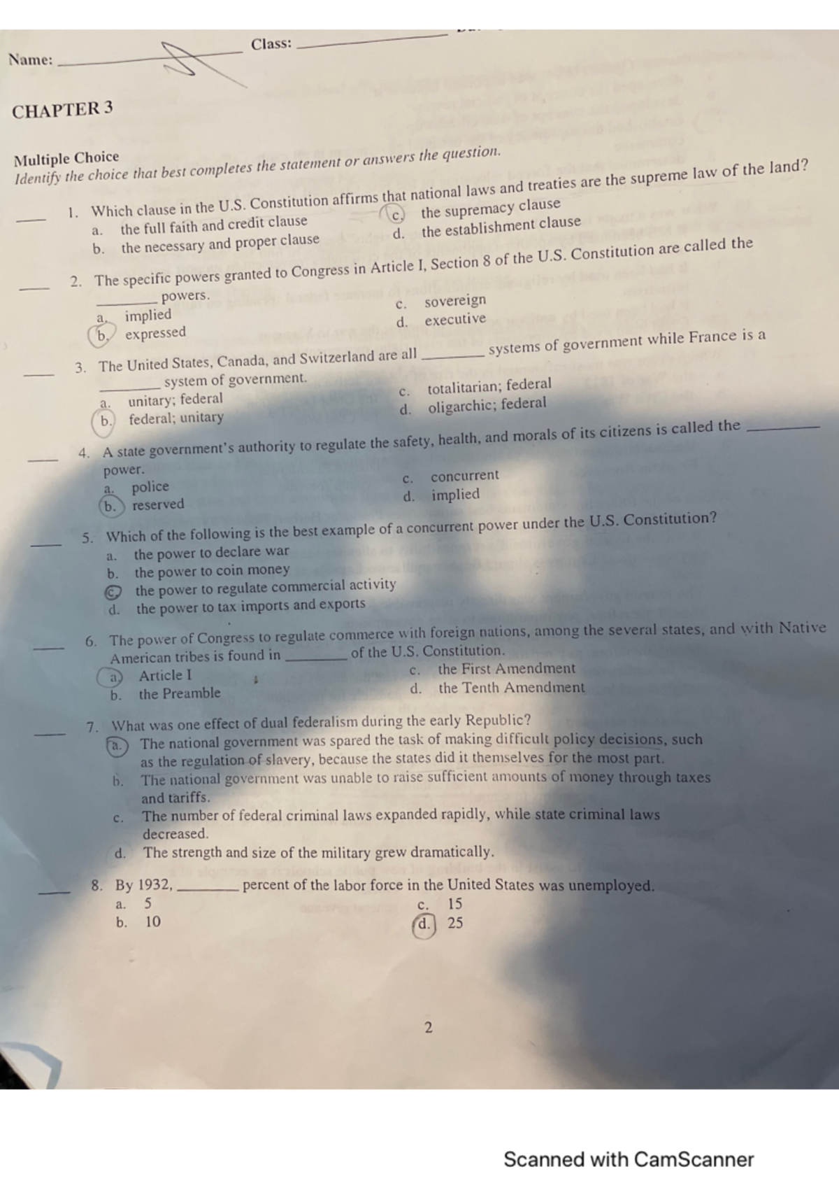Government chapter 3 - from questions 1 to 8 - Class: Name: CHAPTER 3 ...