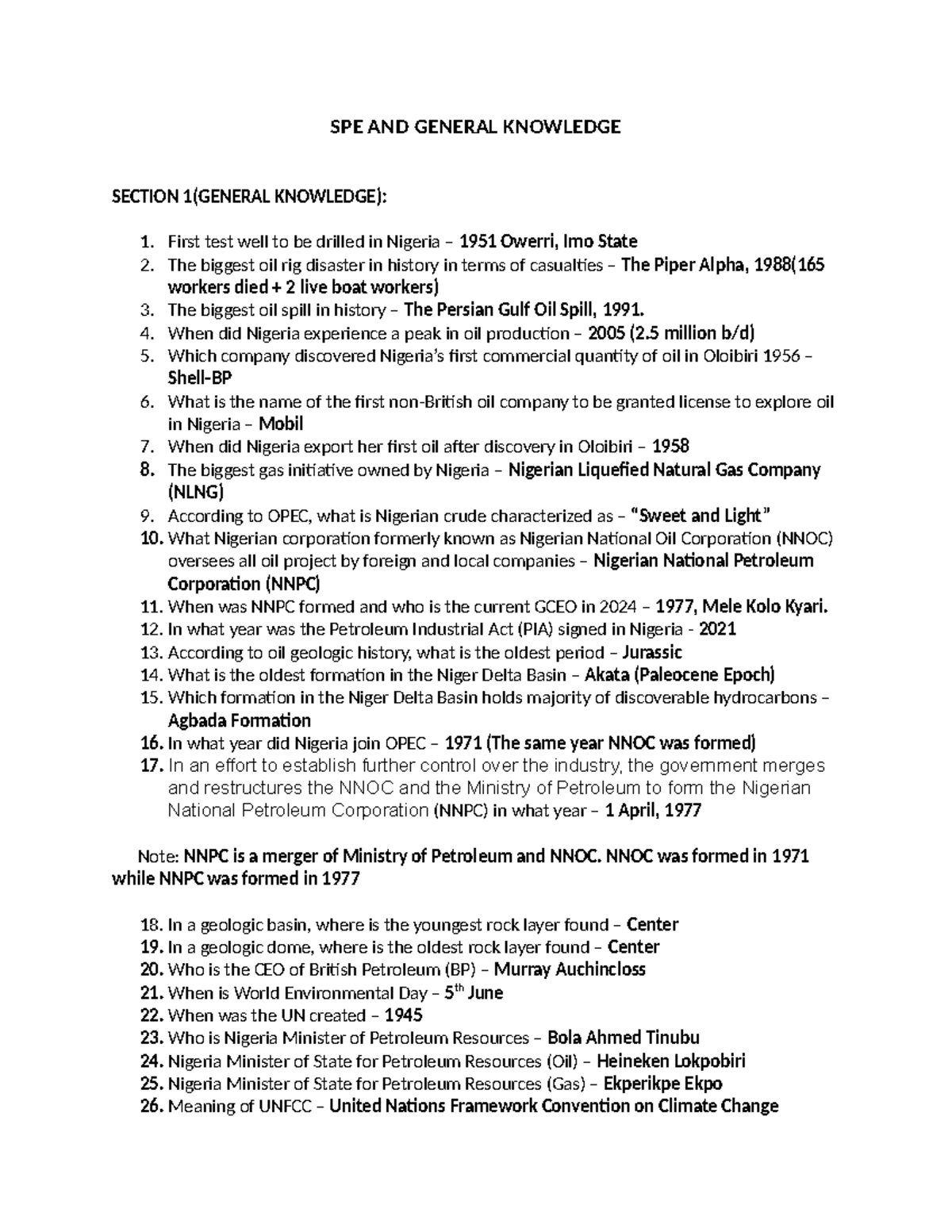 SPE AND General Knowledge - SPE AND GENERAL KNOWLEDGE SECTION 1(GENERAL KNOWLEDGE): 1. First ...