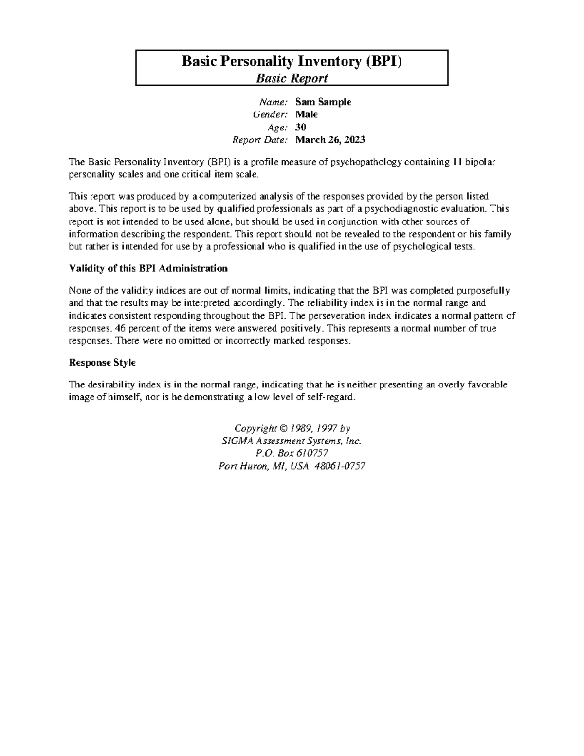 BPI-Sample-Report - Basic Personality Inventory (BPI) Basic Report Name ...