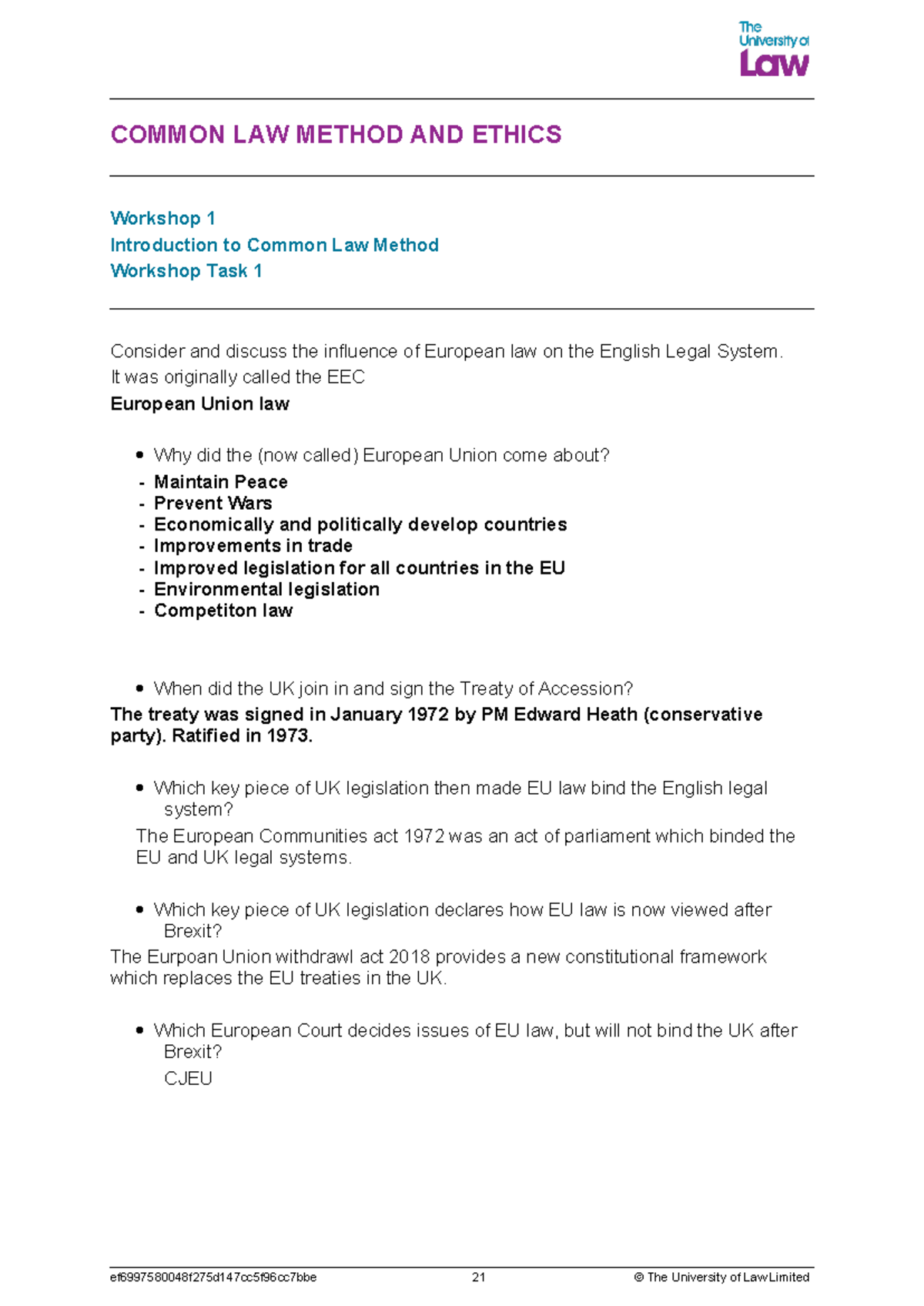 270921 workshop task 1 - WS task 1 Materials - COMMON LAW METHOD AND ...