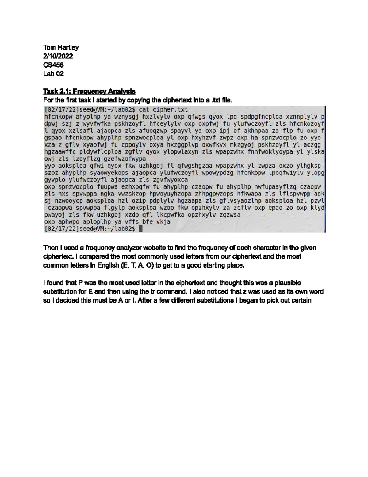 CS 458 Lab Exercise 2 - Tom Hartley CS458 Lab 02 Task 2: Frequency ...