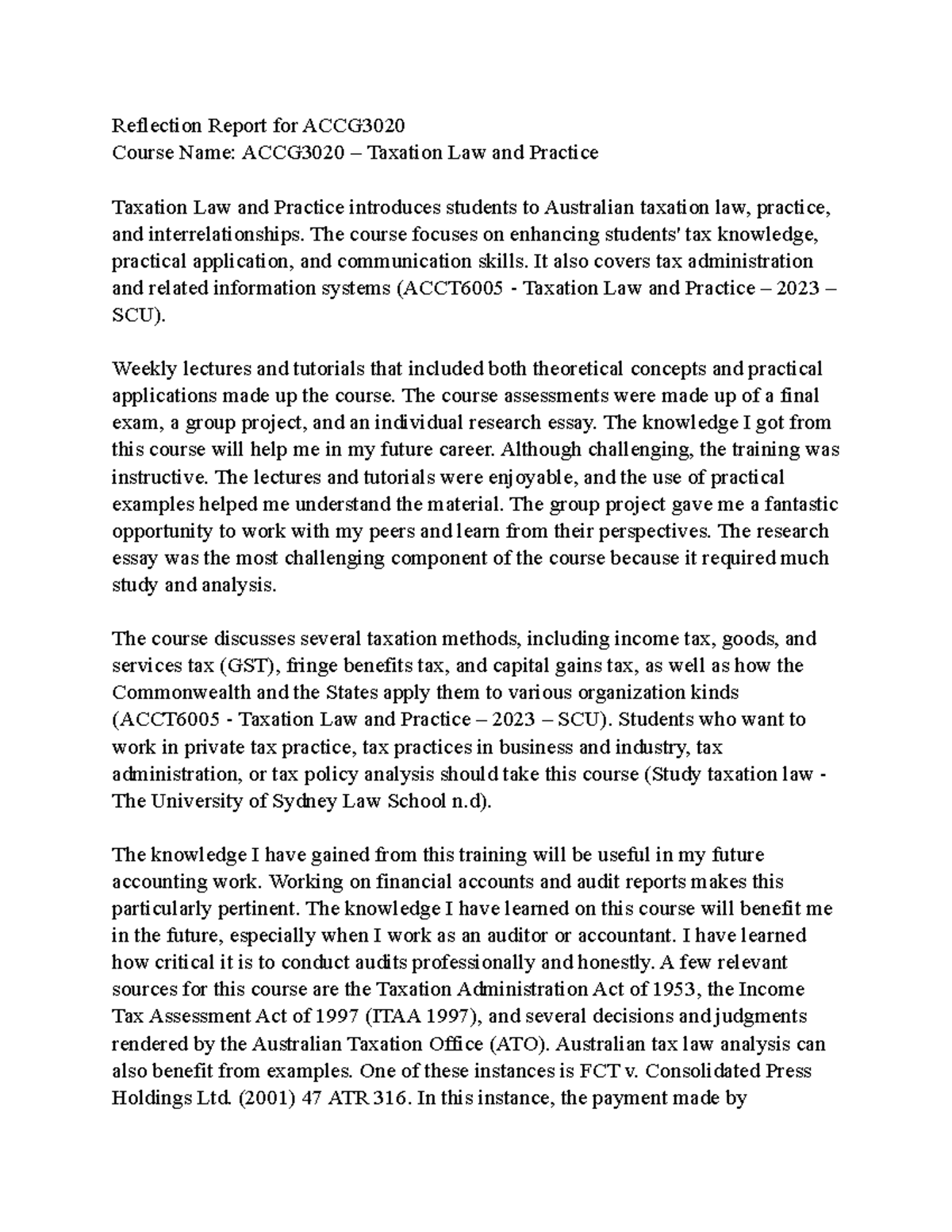 Reflection Report for ACCG3020 - Reflection Report for ACCG Course Name ...