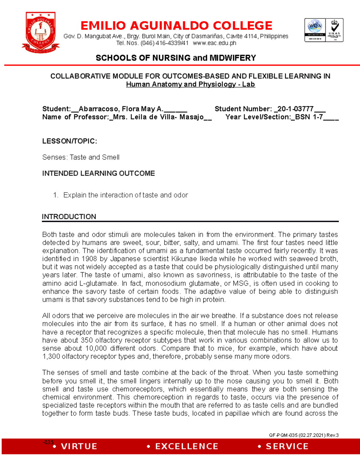 Module Lab Activity Senses Taste And Smell Eac C ` Collaborative Module For Outcomes Based And
