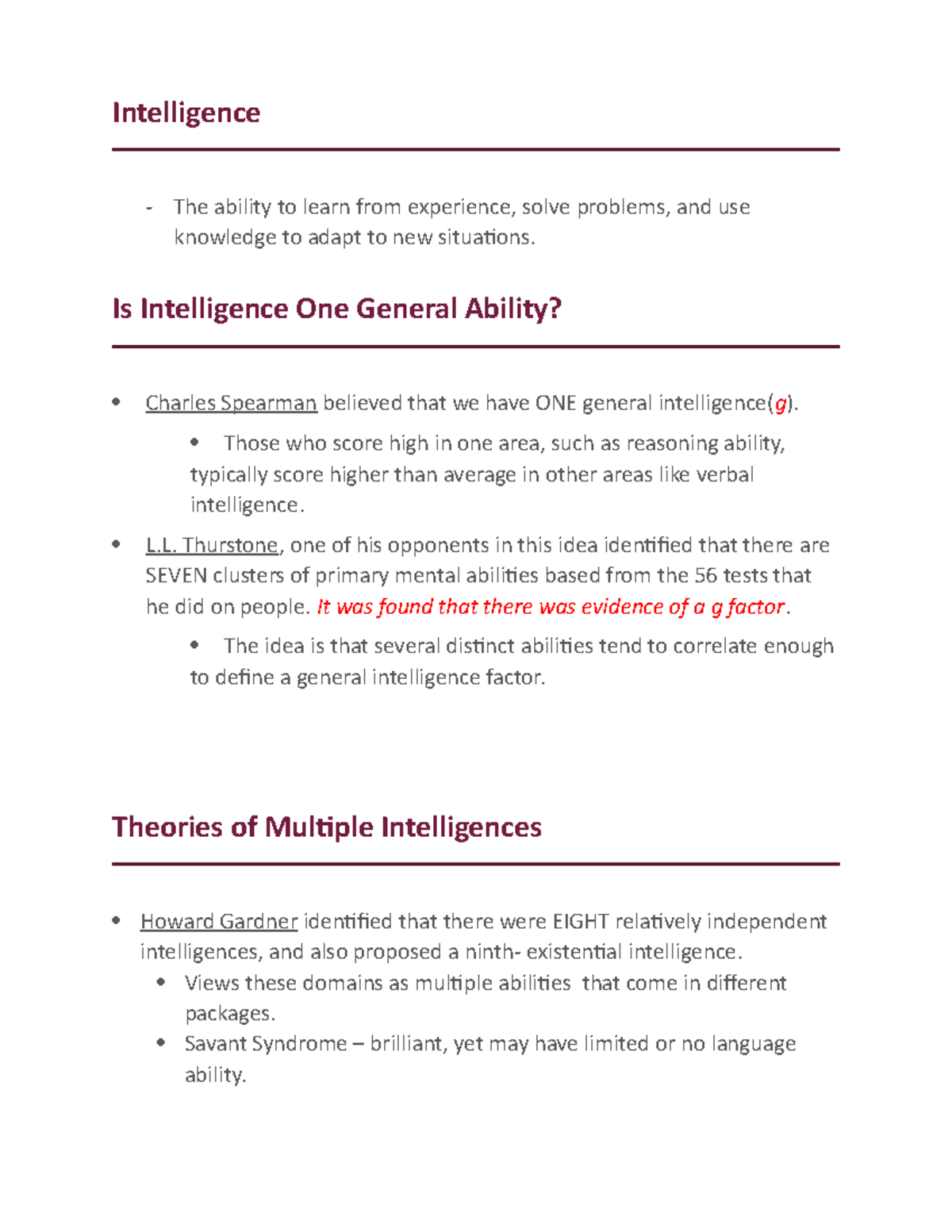 Intelligence - Lecture notes 1 - Intelligence - The ability to learn ...
