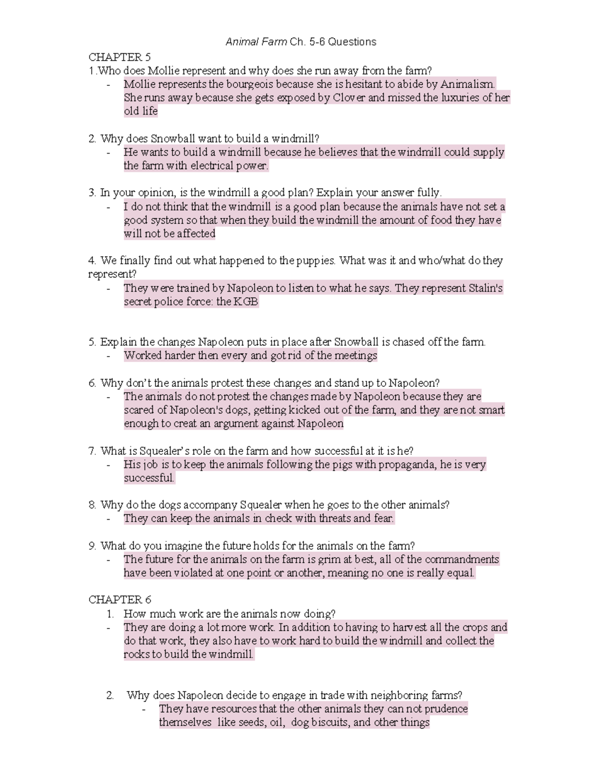Animal Farm Ch. 5-6 Questions - Animal Farm Ch. 5-6 Questions CHAPTER 5 ...
