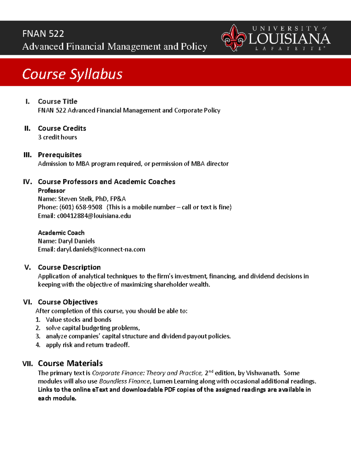 FNAN 522 syllabus Fall B 2021 - FNAN 522 Advanced Financial Management and Policy Course ...