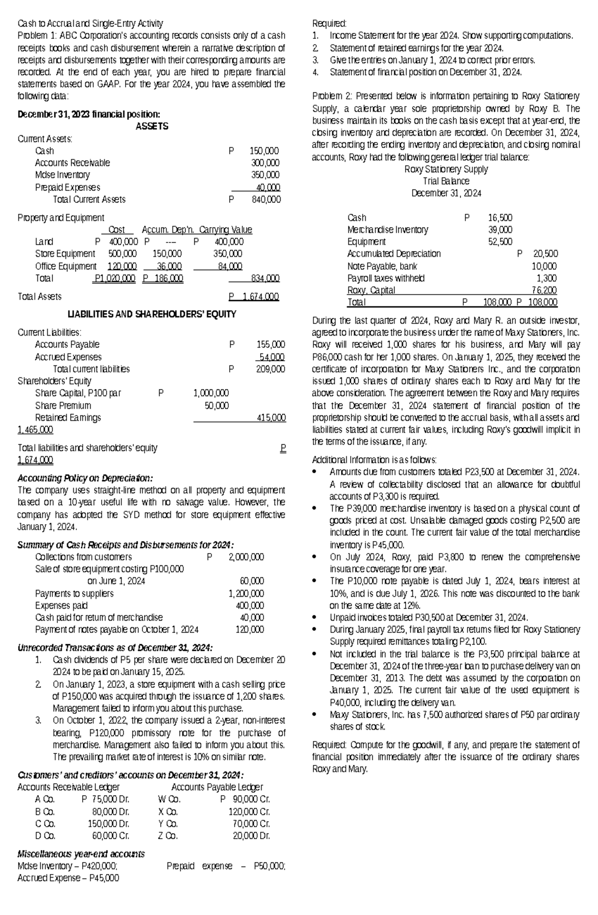 CTA-SE-Activity - Cash to Accrual and Single-Entry Activity Problem 1 ...