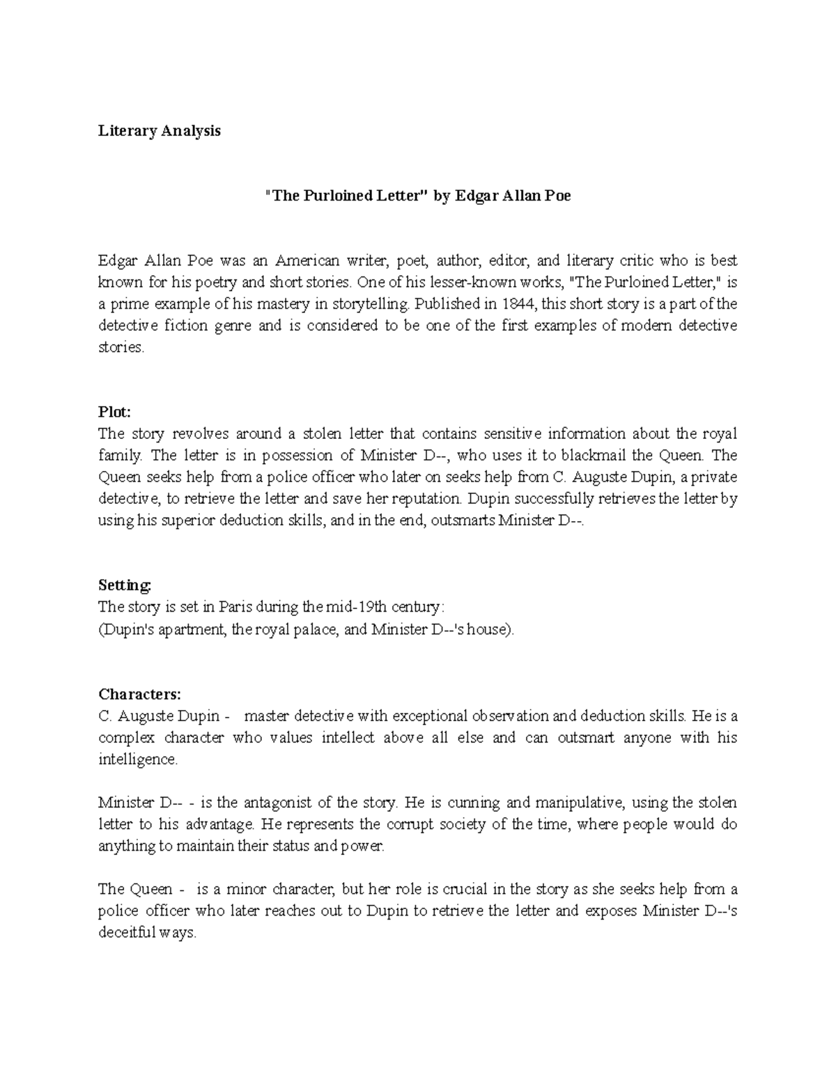 5 Short stories - Literary Analysis "The Purloined Letter" by Edgar ...